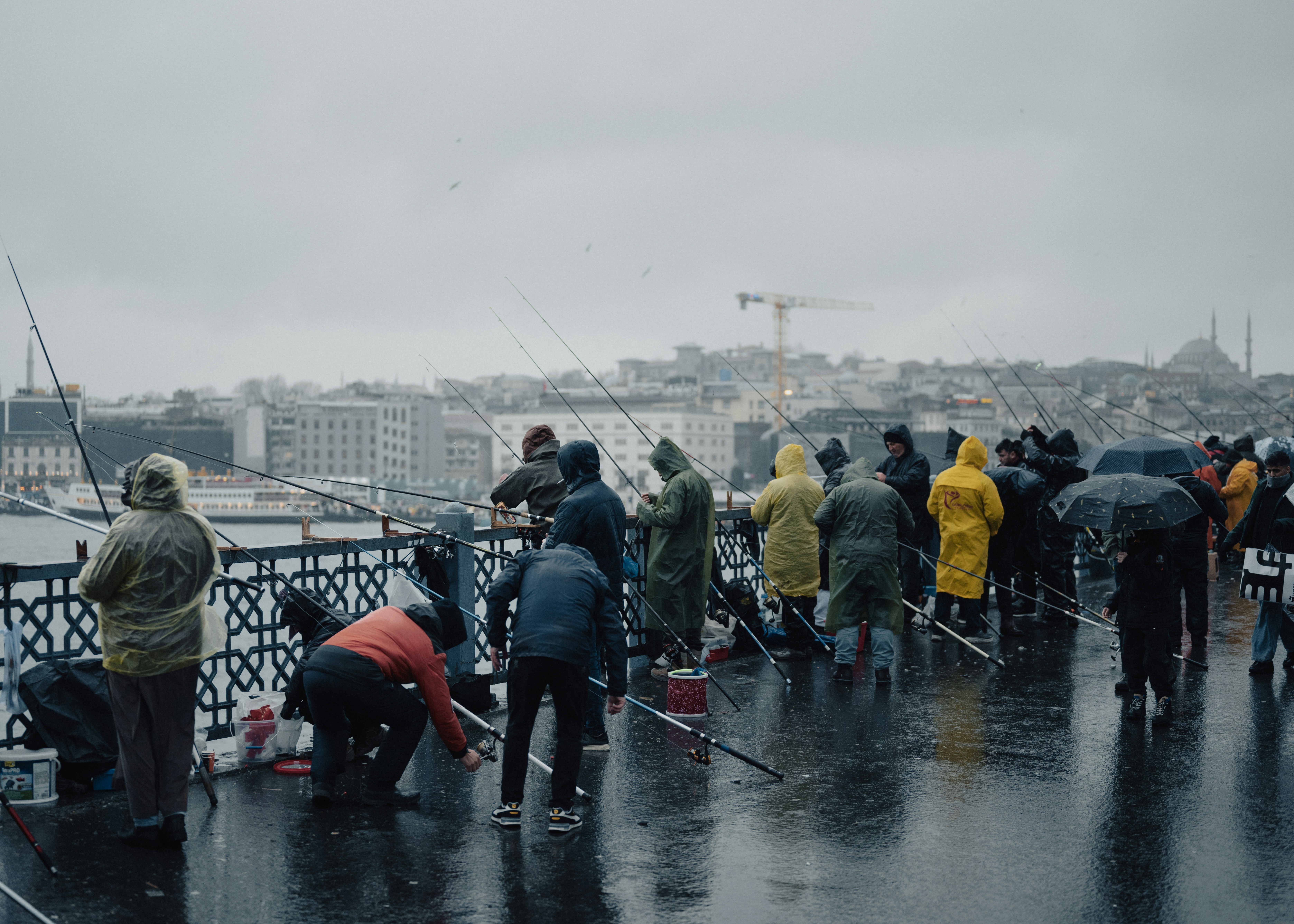 Overcast Riverside Anglers: A Row of Rods and Rain