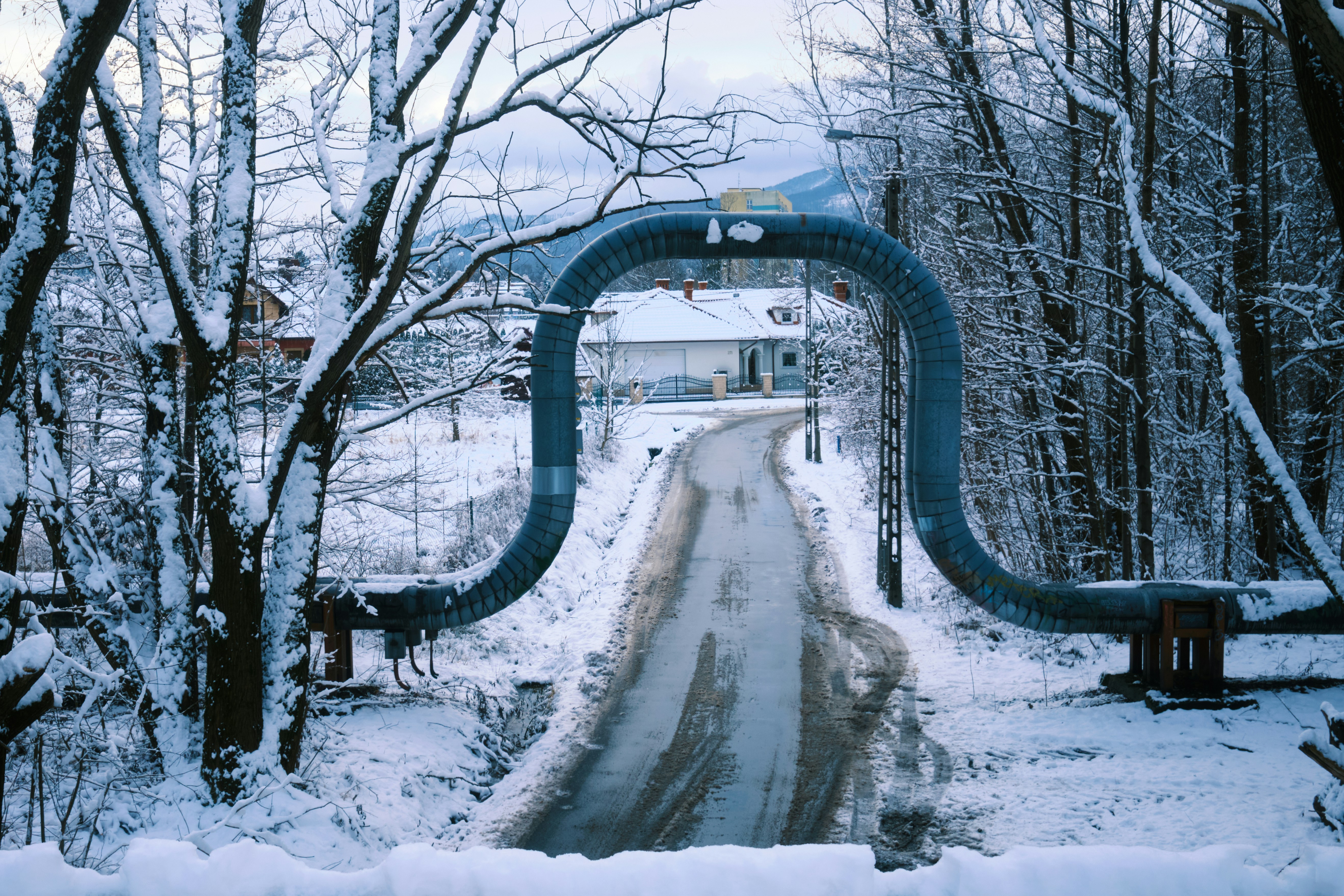 Cerulean Arch Framing a Snowbound Street