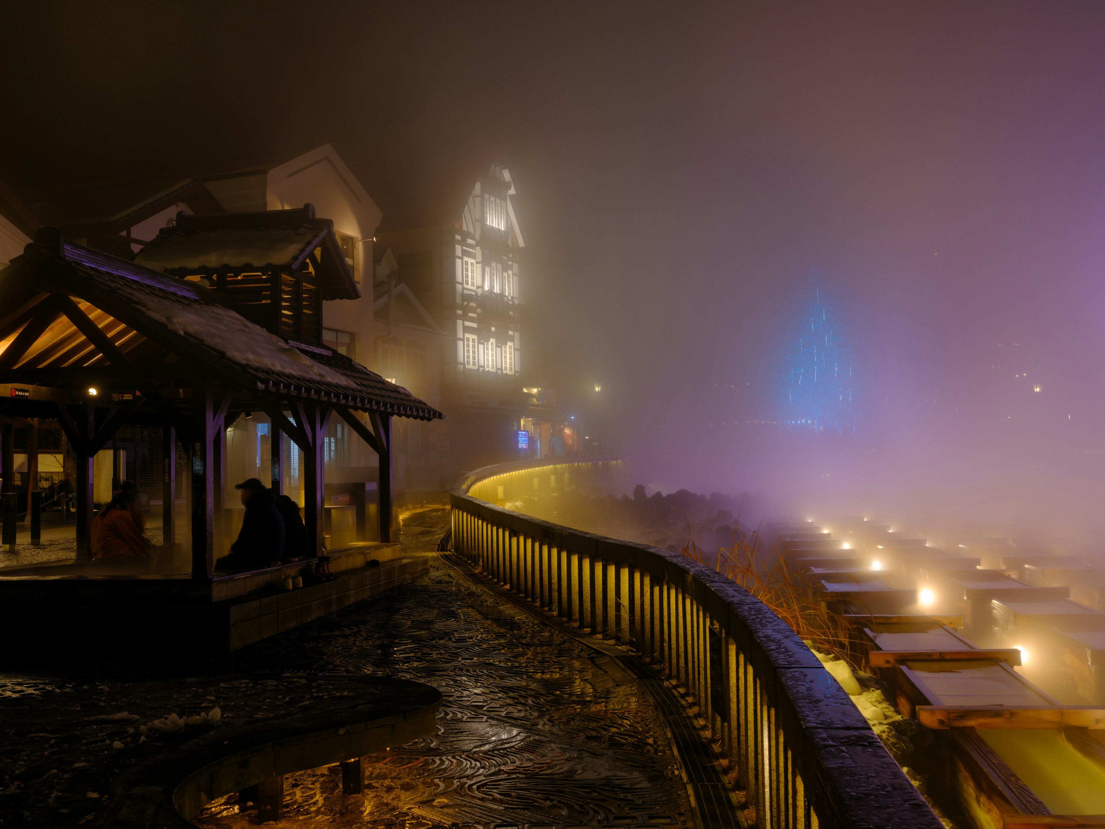 A foggy night in a park with benches and a gazebo photo – Free Kusatsu ...