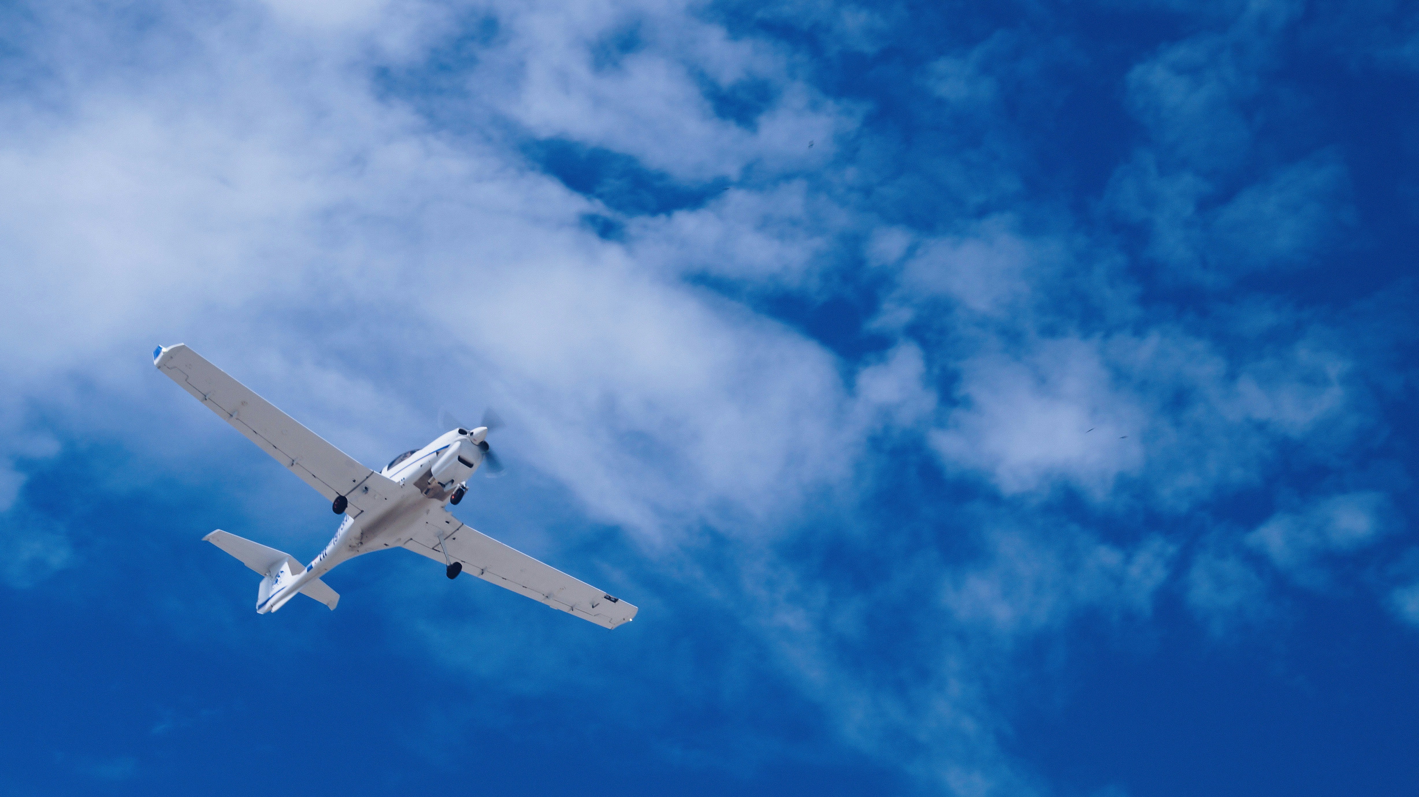 A small plane flying through a blue cloudy sky photo – Free Animal ...