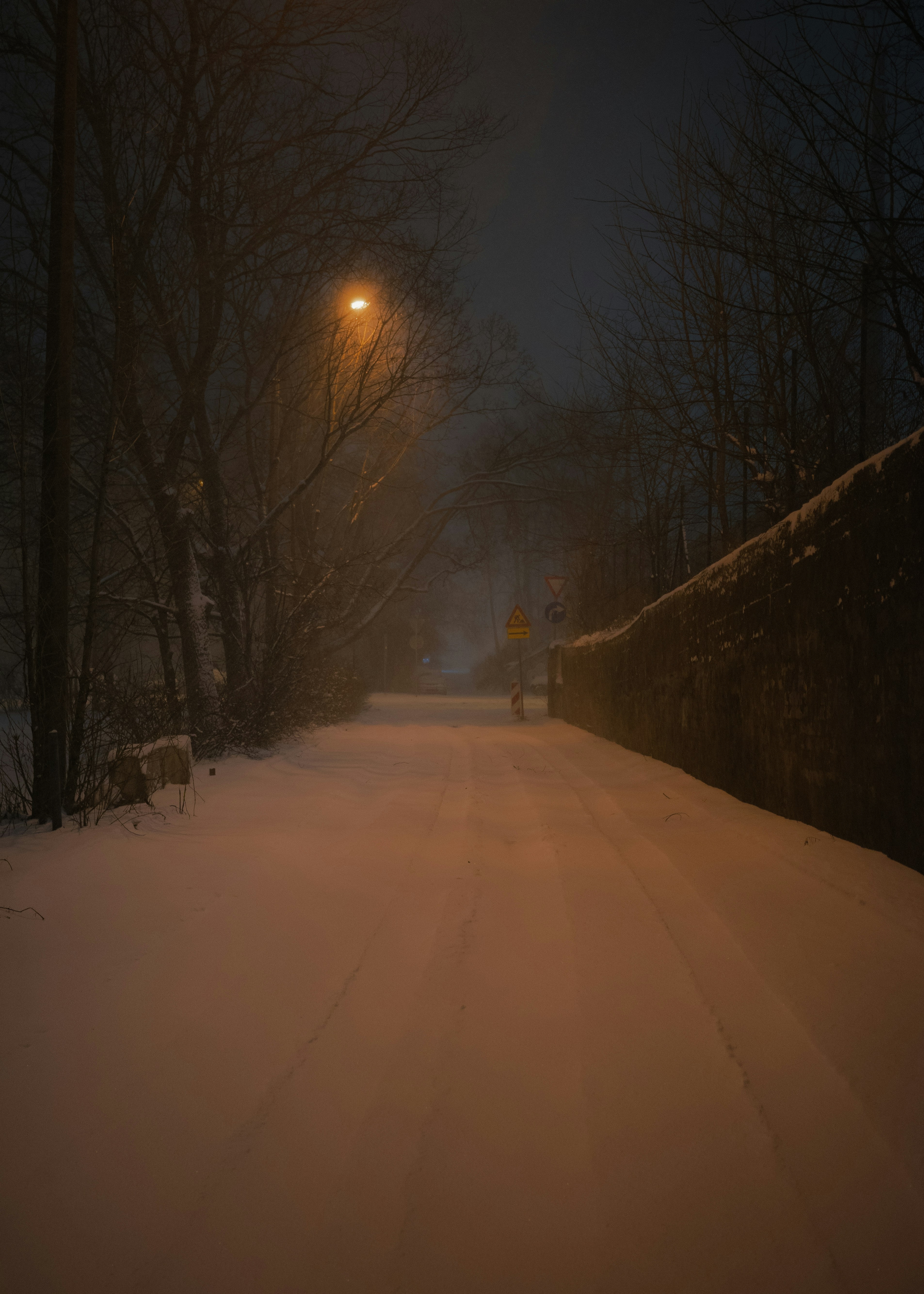 A snowy road at night with a street light in the distance photo – Free ...