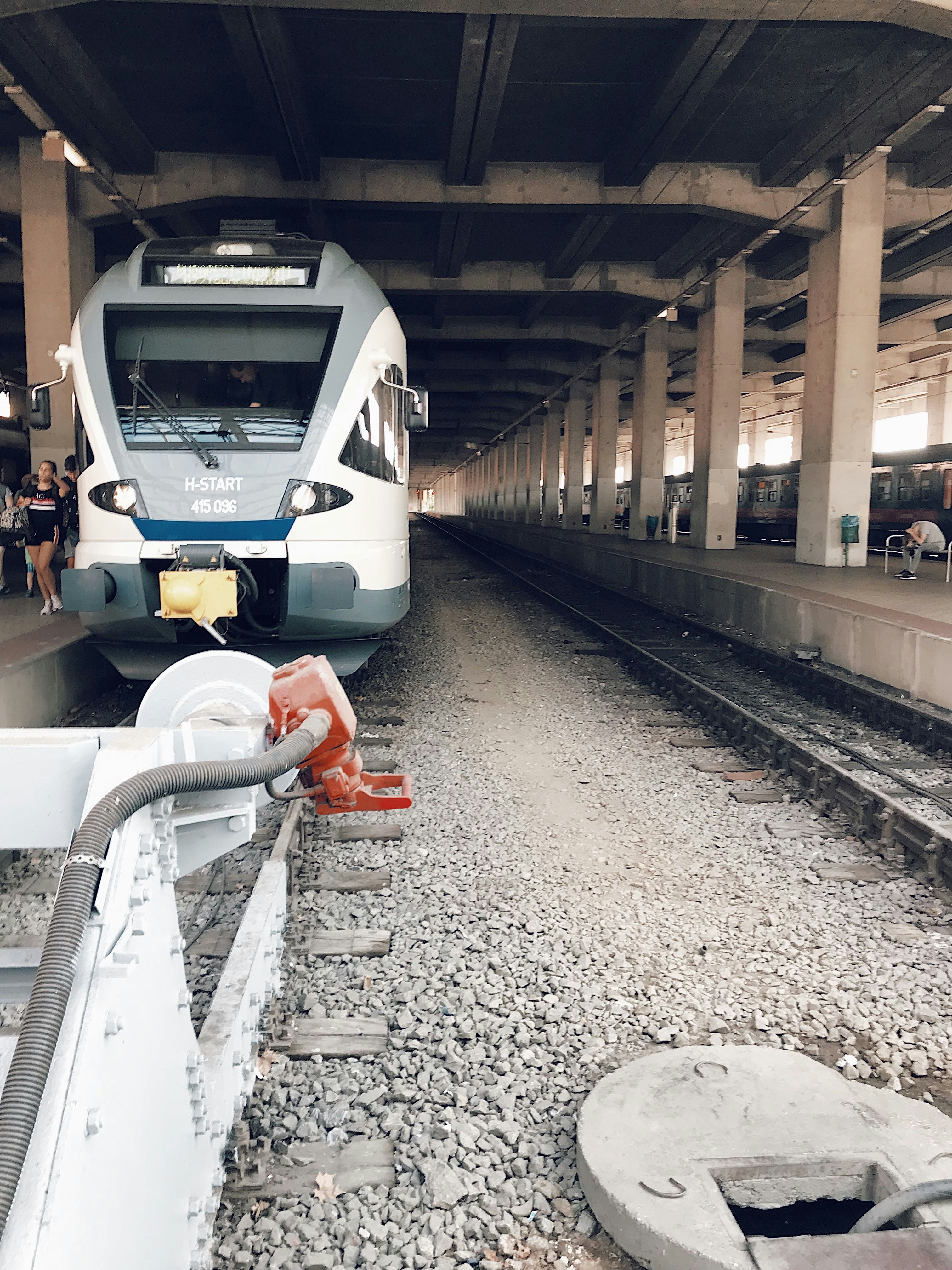 Nose of a White-Green Locomotive Beneath a Corridor of Concrete Beams