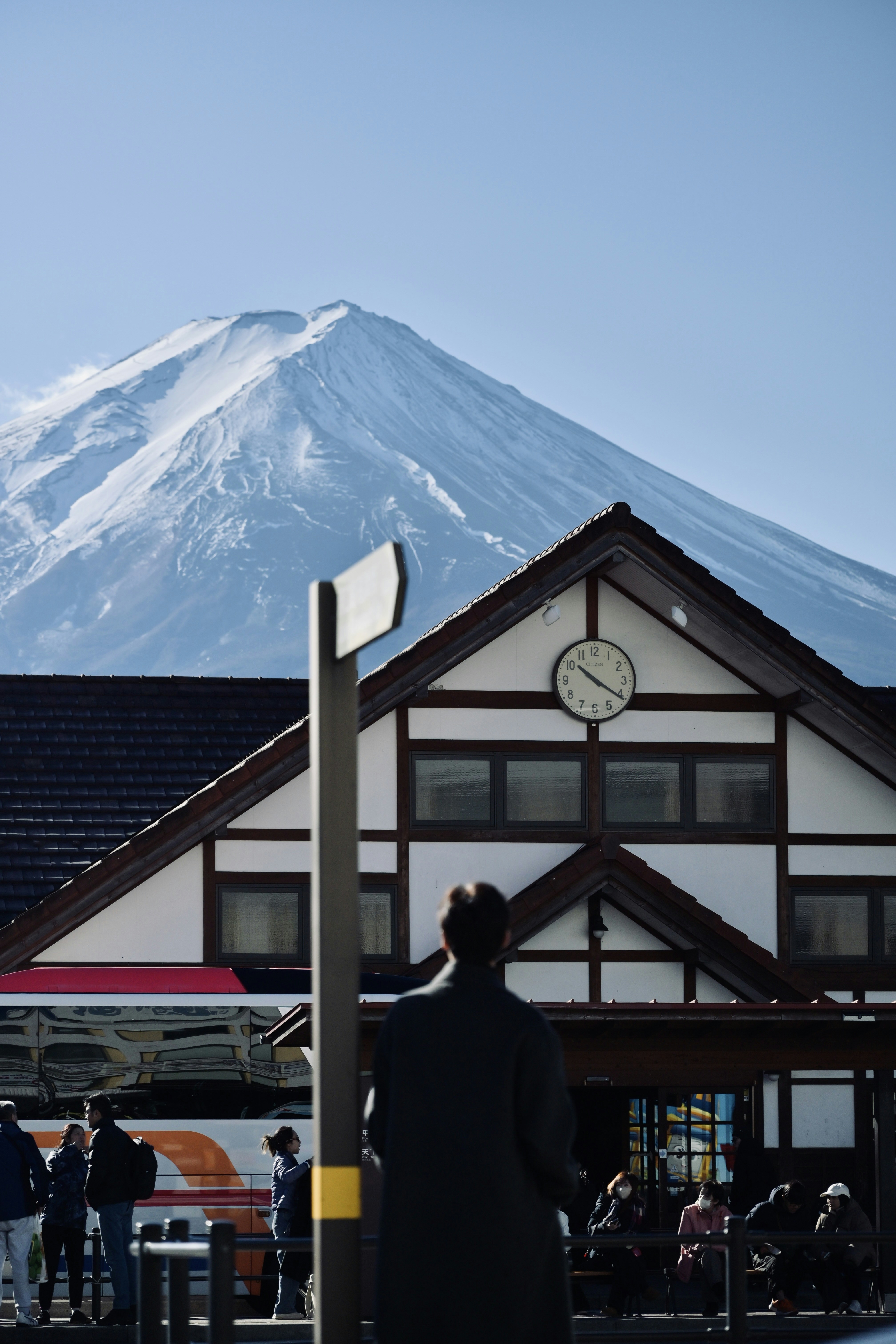 Mt. Fuji Backdrop: Train Station Silhouette Under a Fogless Blue Sky