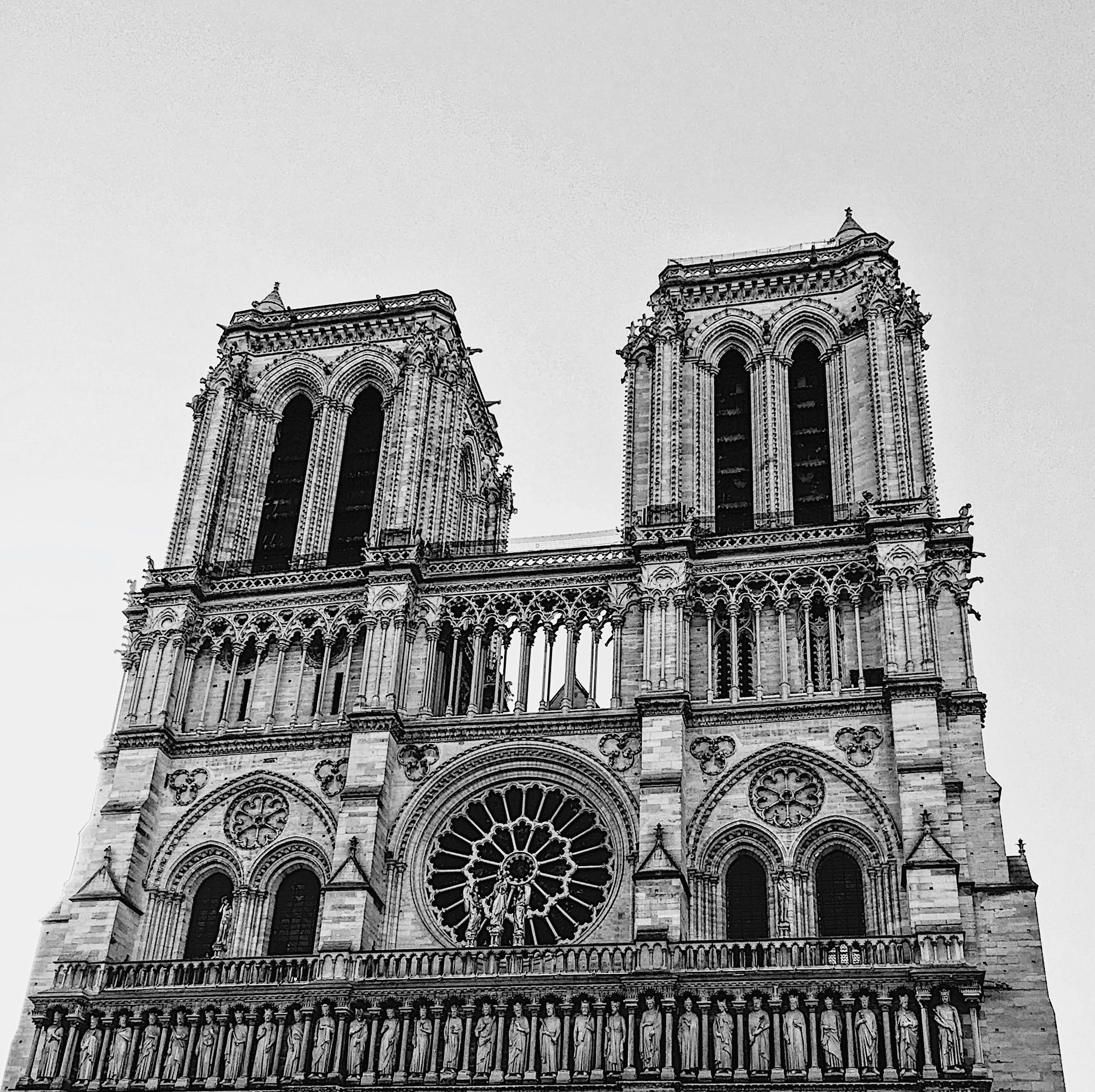 Monochrome Majesty: Notre-Dame’s Rose Window Framed by Twin Belfries