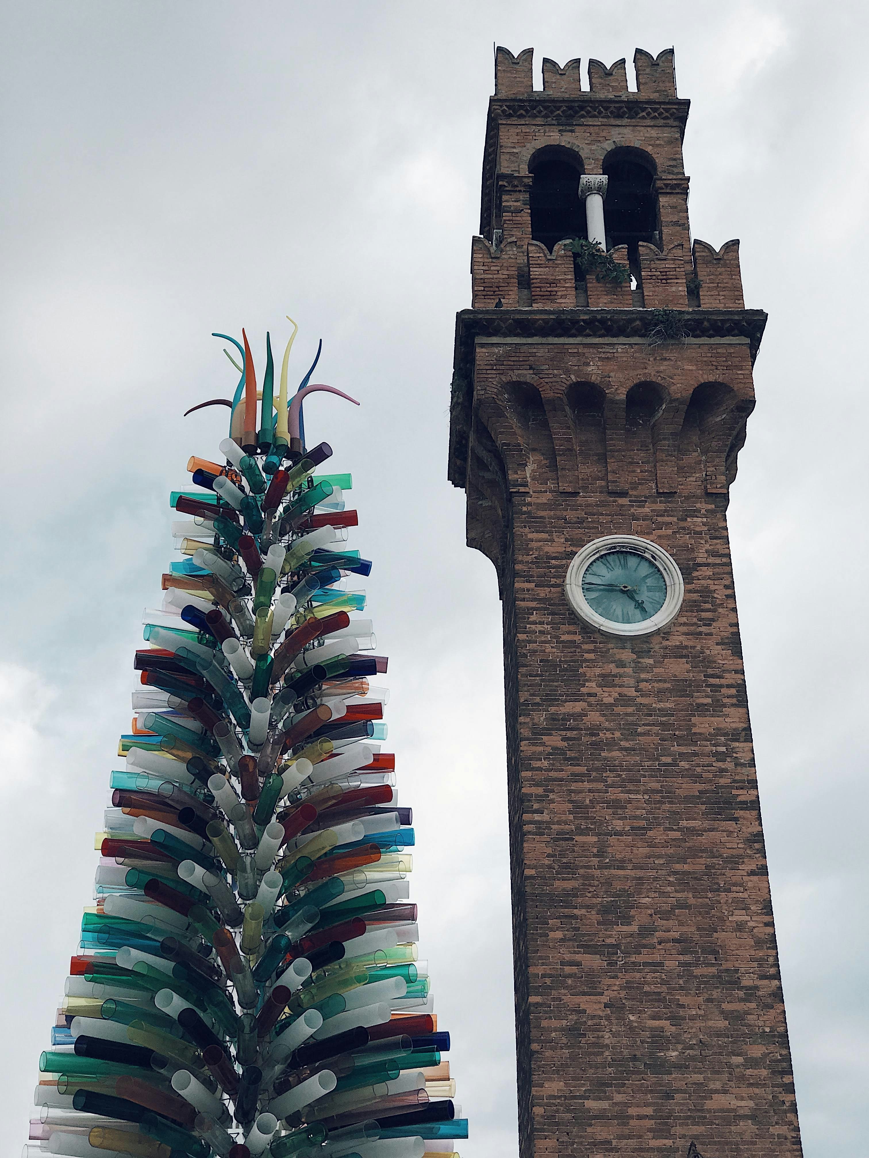 Spoon Tree and Brick Clock Tower: Color Against Stone