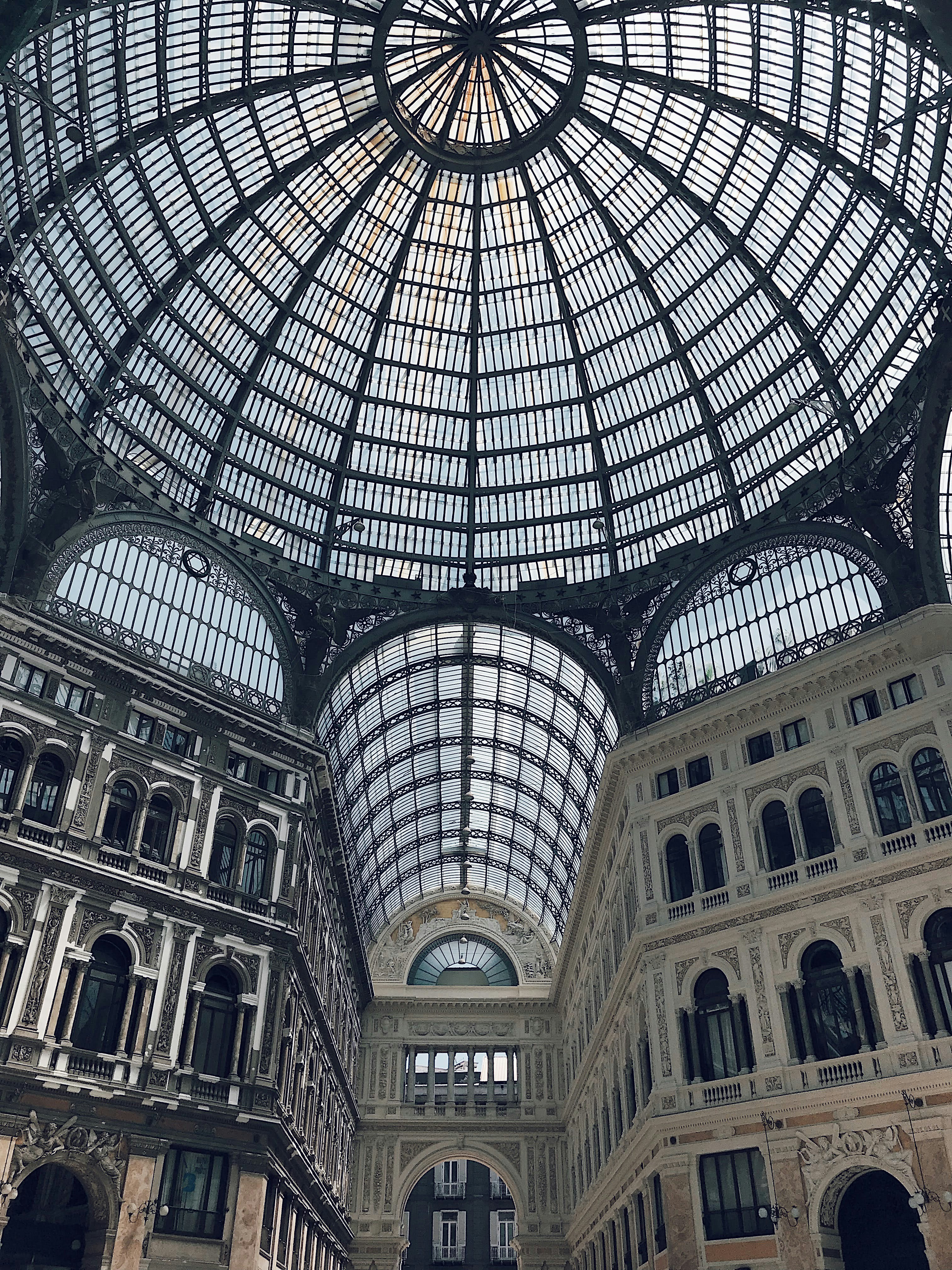 Ornate domed glass ceiling above historic building facades with arched windows.