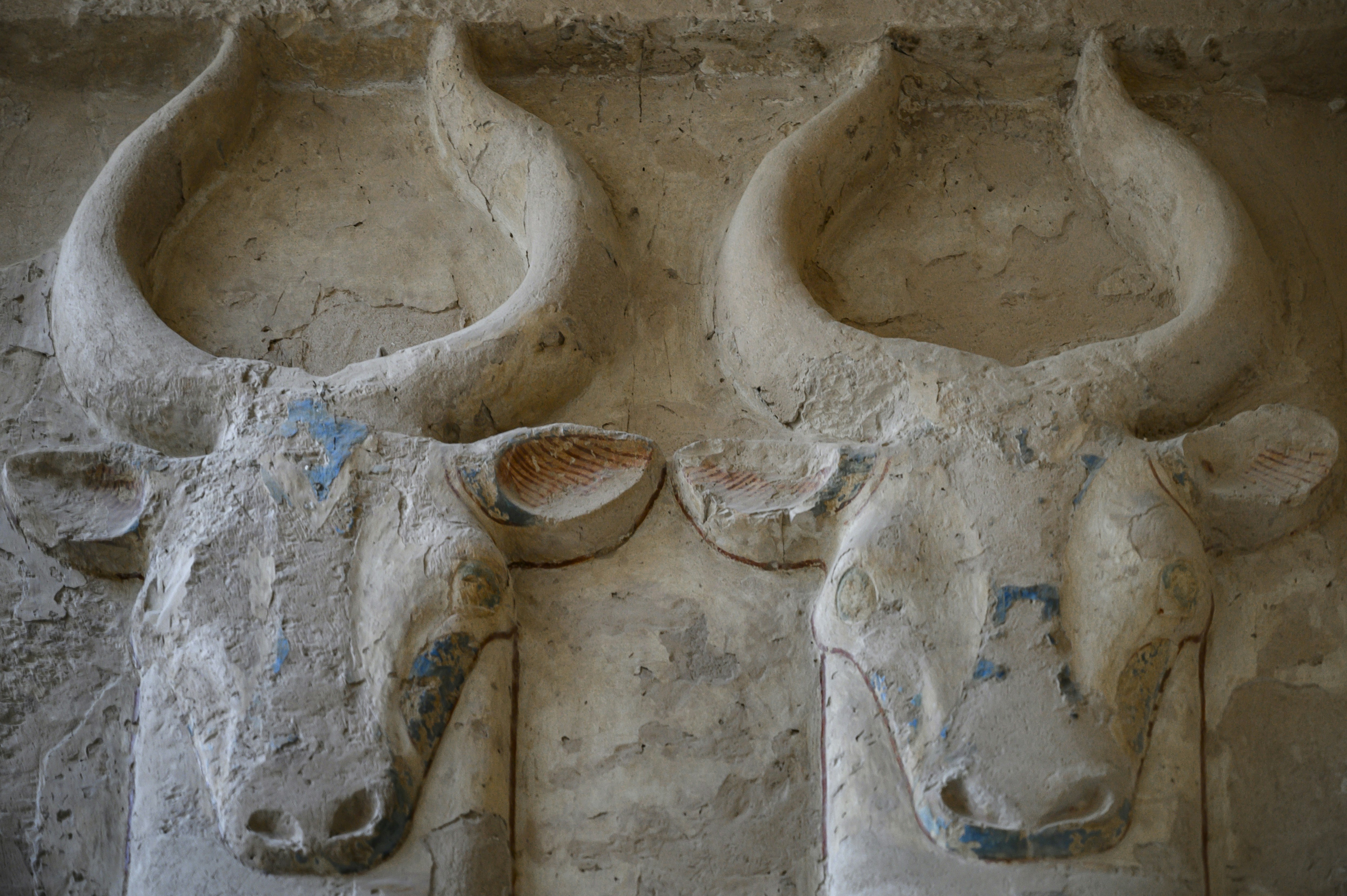 Twin Horned Guardians: Weathered Stone Relief of Bull Heads