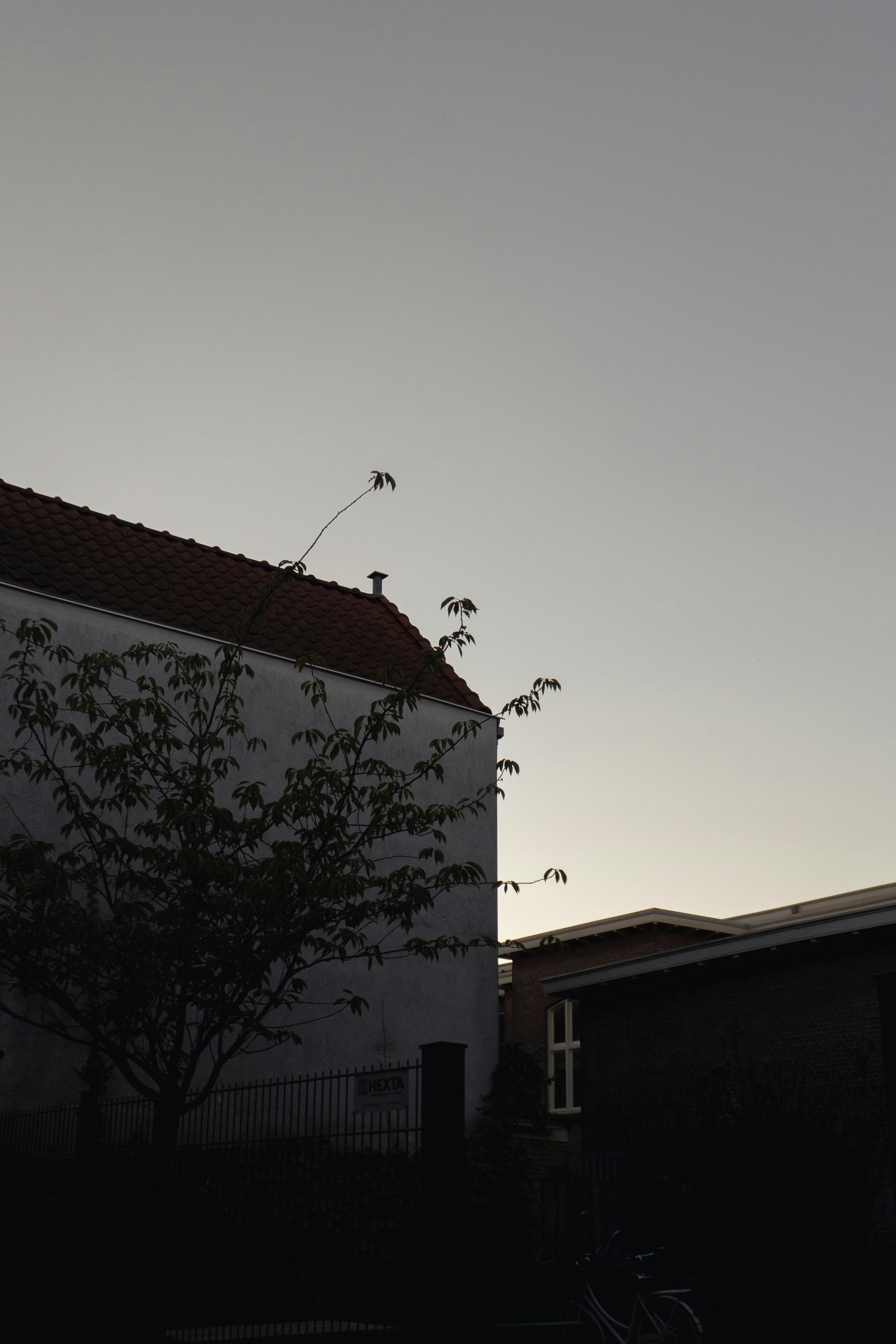 A bird flying in the sky over a house