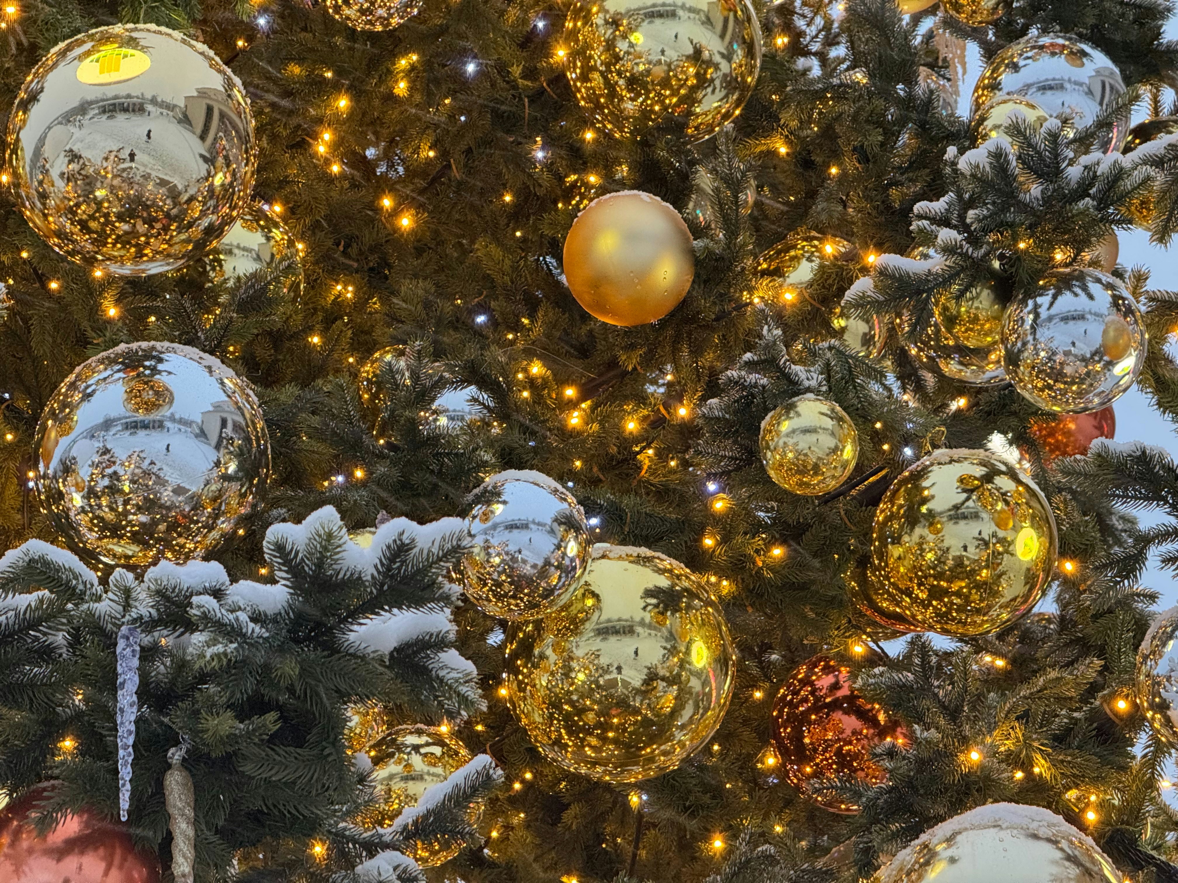 Winter Glow: Golden Orbs on a Snow-Dusted Christmas Tree