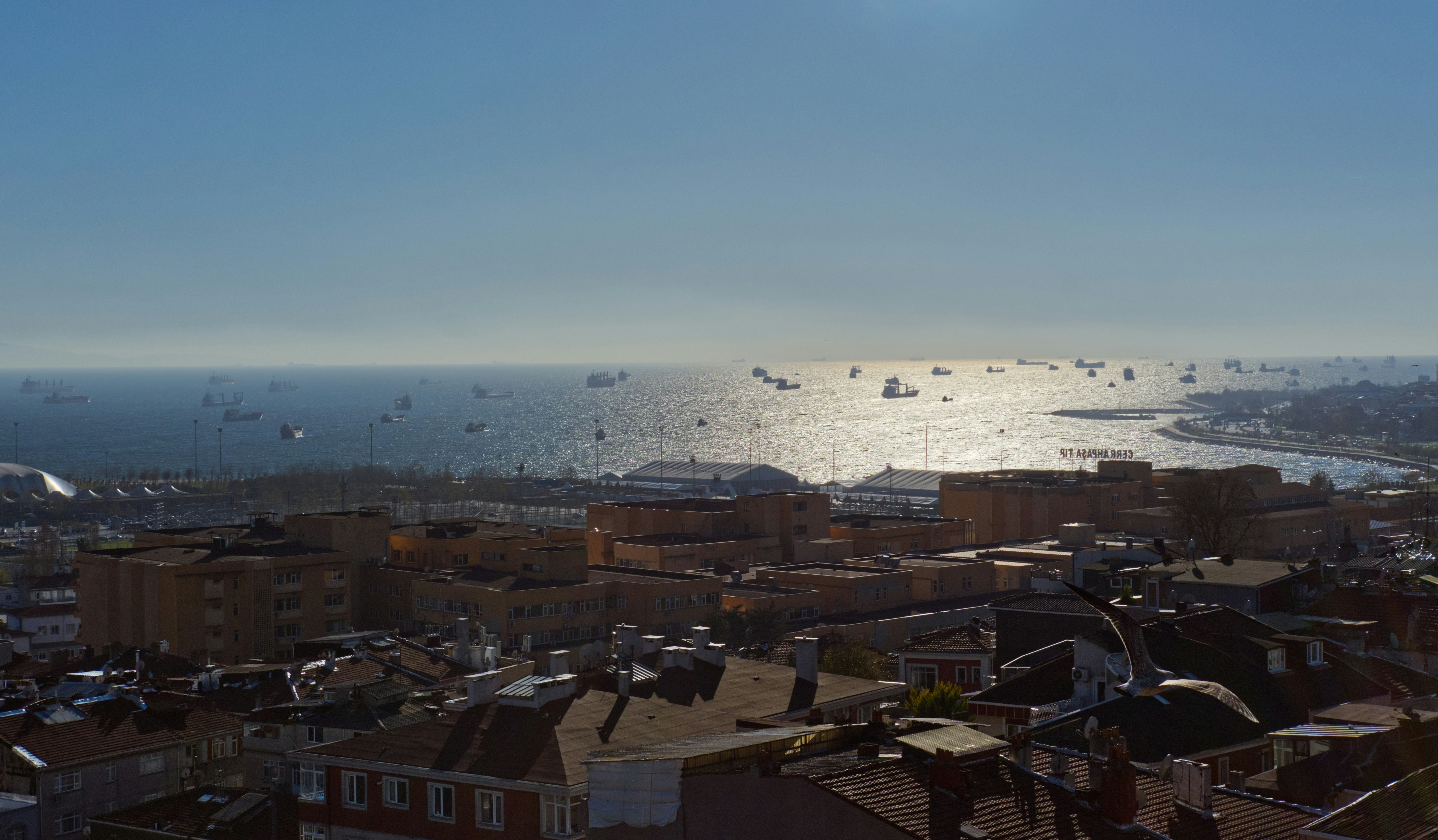 Shimmer on the Harbor: Rooftops, Boats, and a Sunlit Sea Horizon