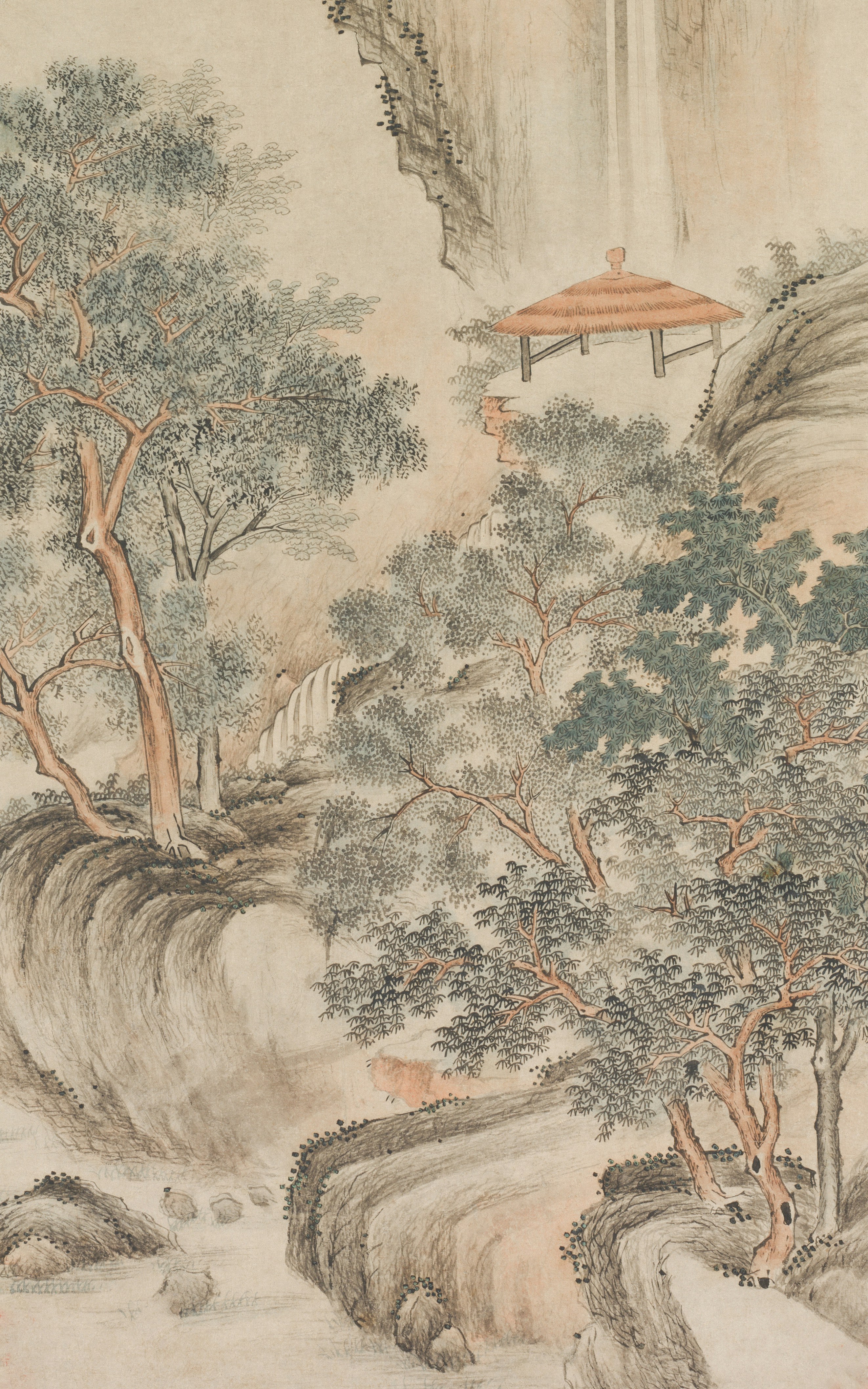 Traditional illustration depicting a tranquil landscape with a waterfall and a pavilion nestled among lush trees and winding paths.