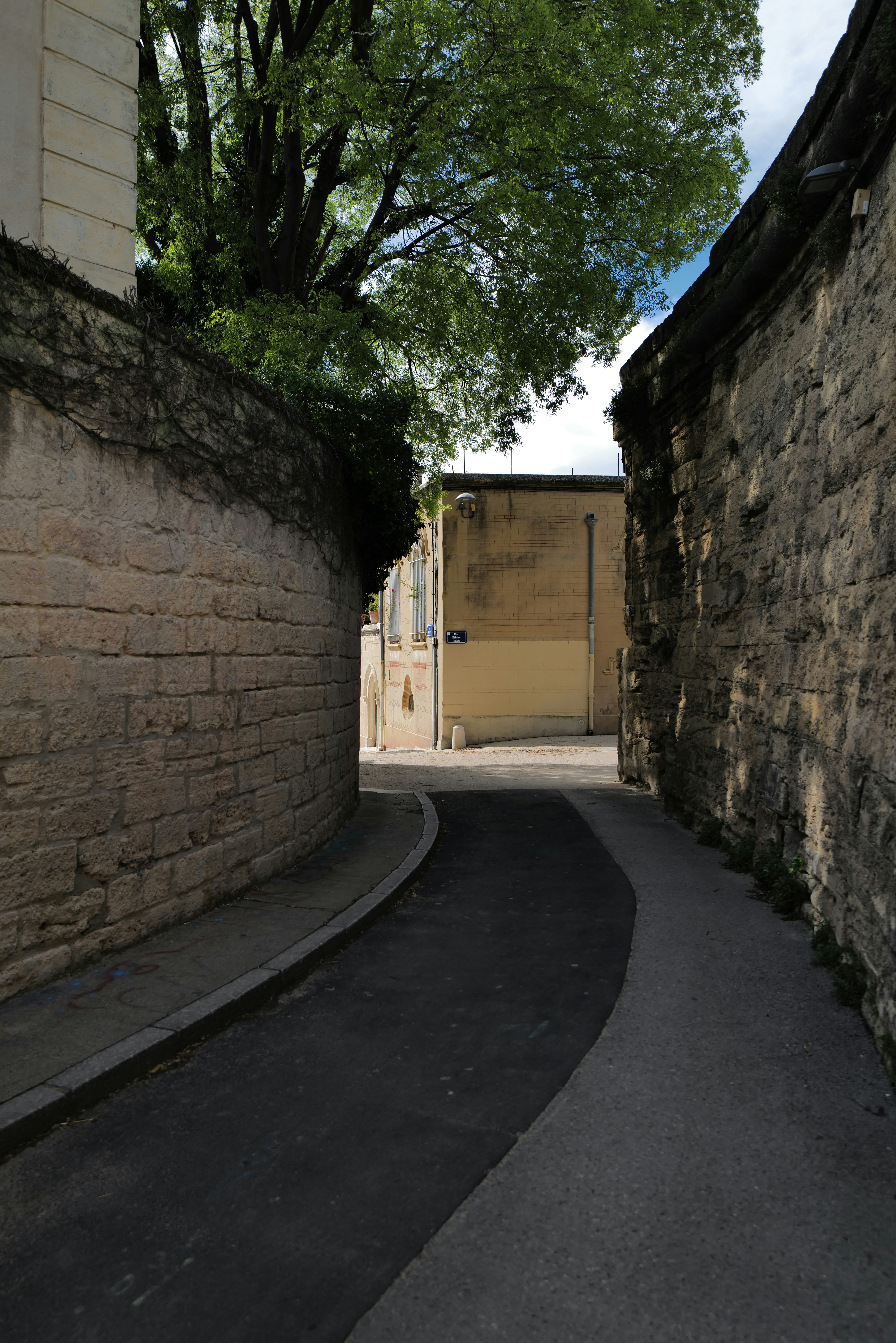 A narrow alley between two buildings with a tree in the background ...