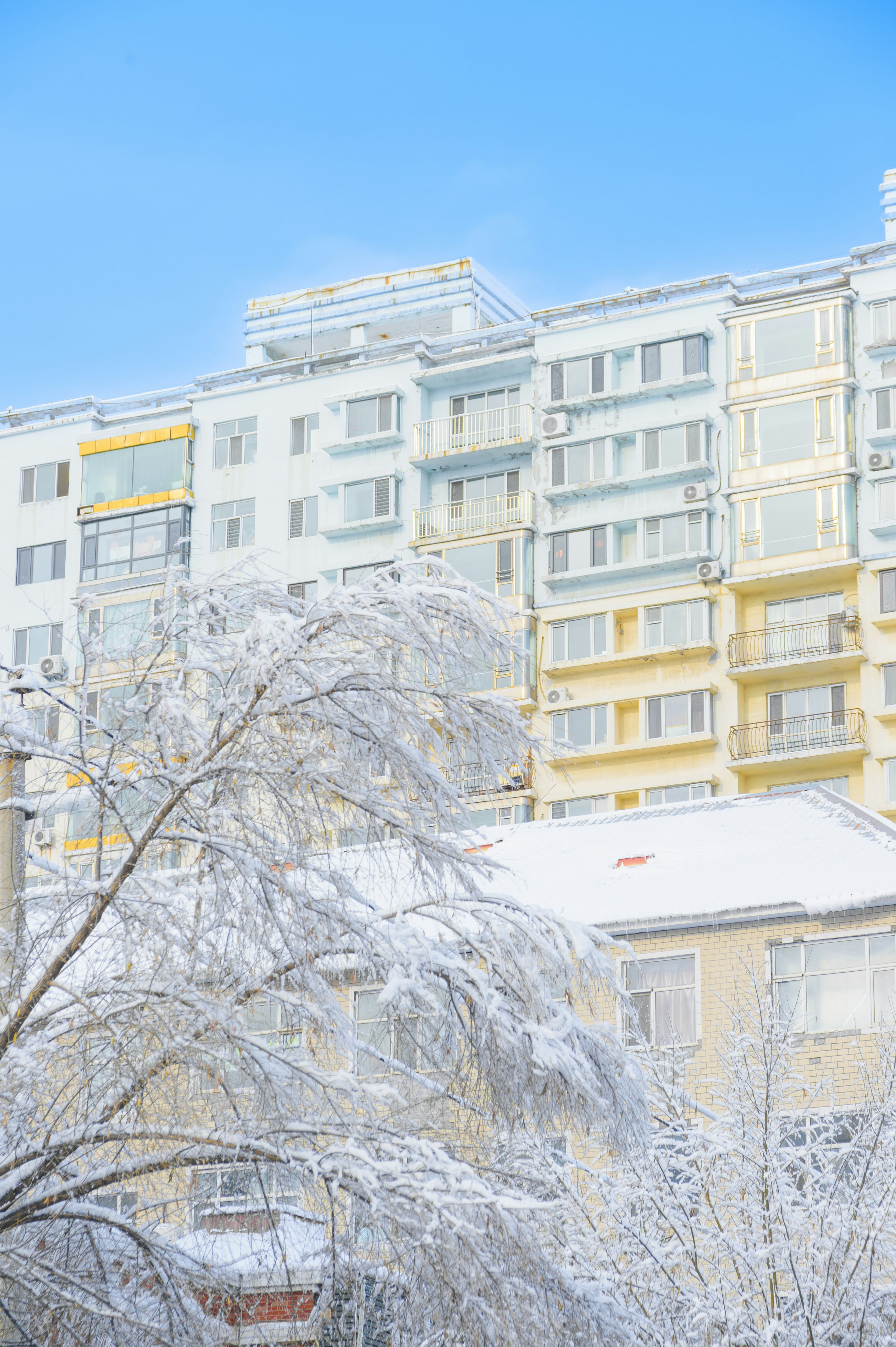 A stop sign in front of a row of apartment buildings covered in snow ...