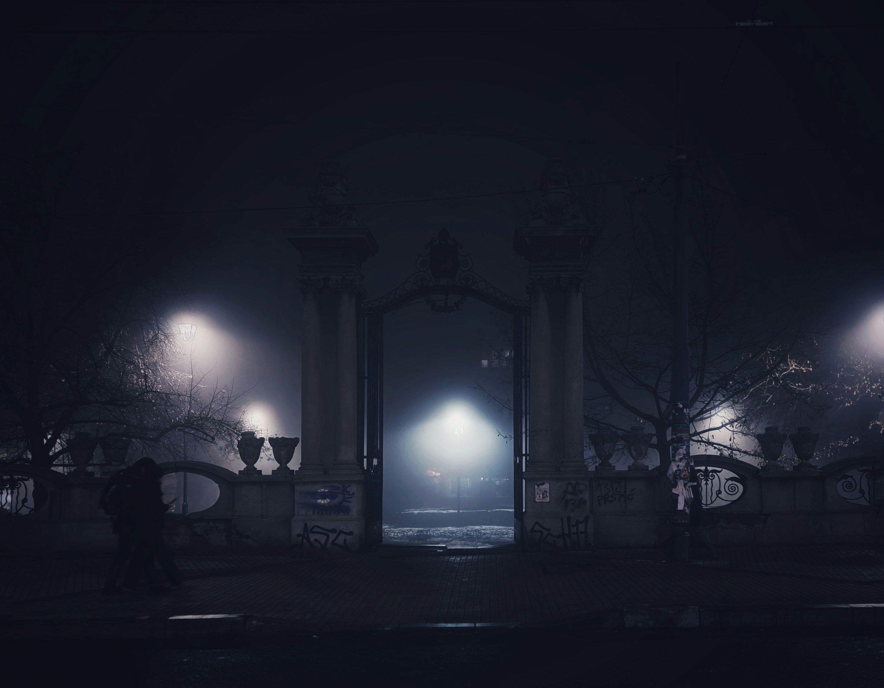 Fog-shrouded park entrance illuminated by soft streetlights on a dark night.
