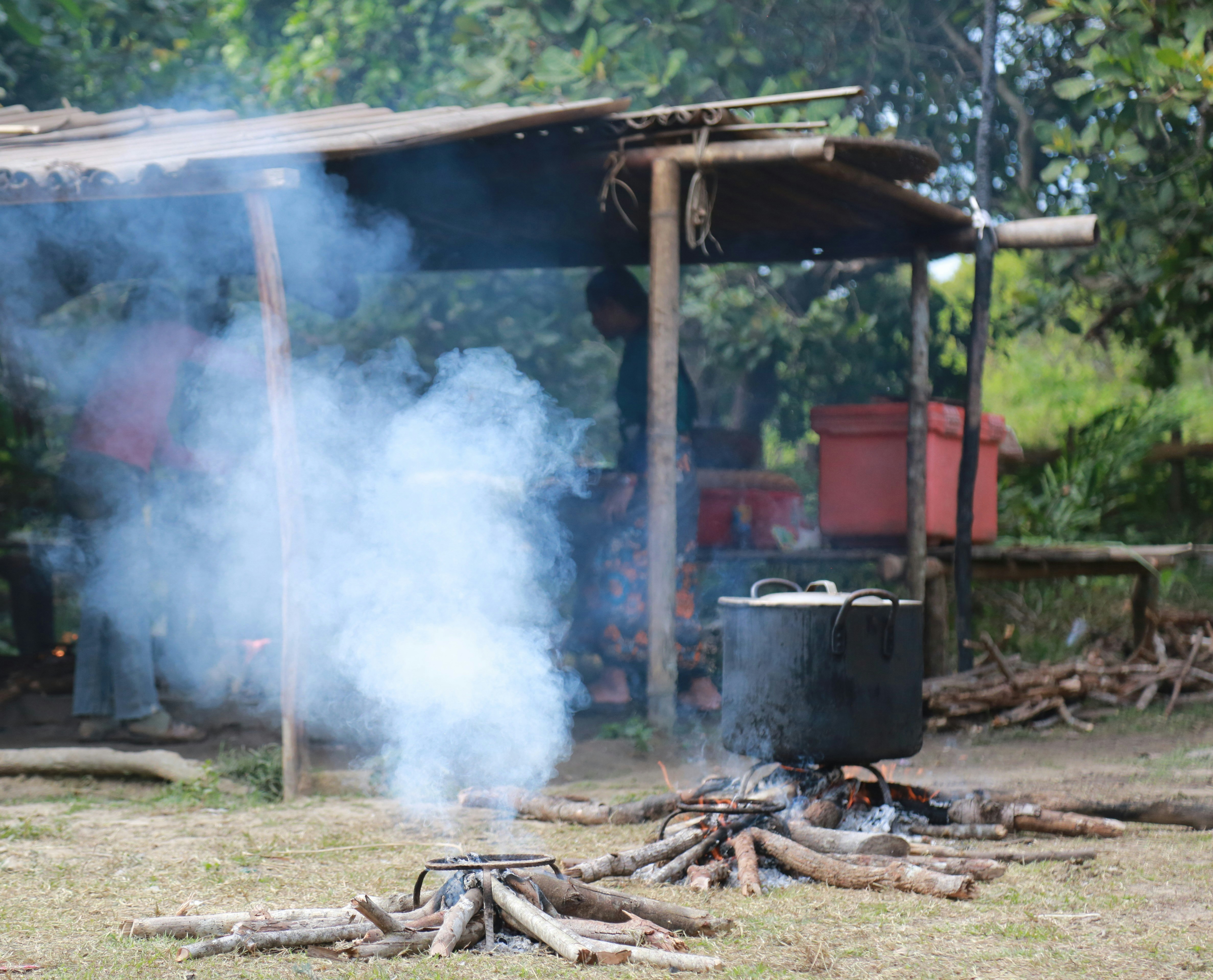 Smoldering campfire, makeshift shelter and distant observer in a rural yard