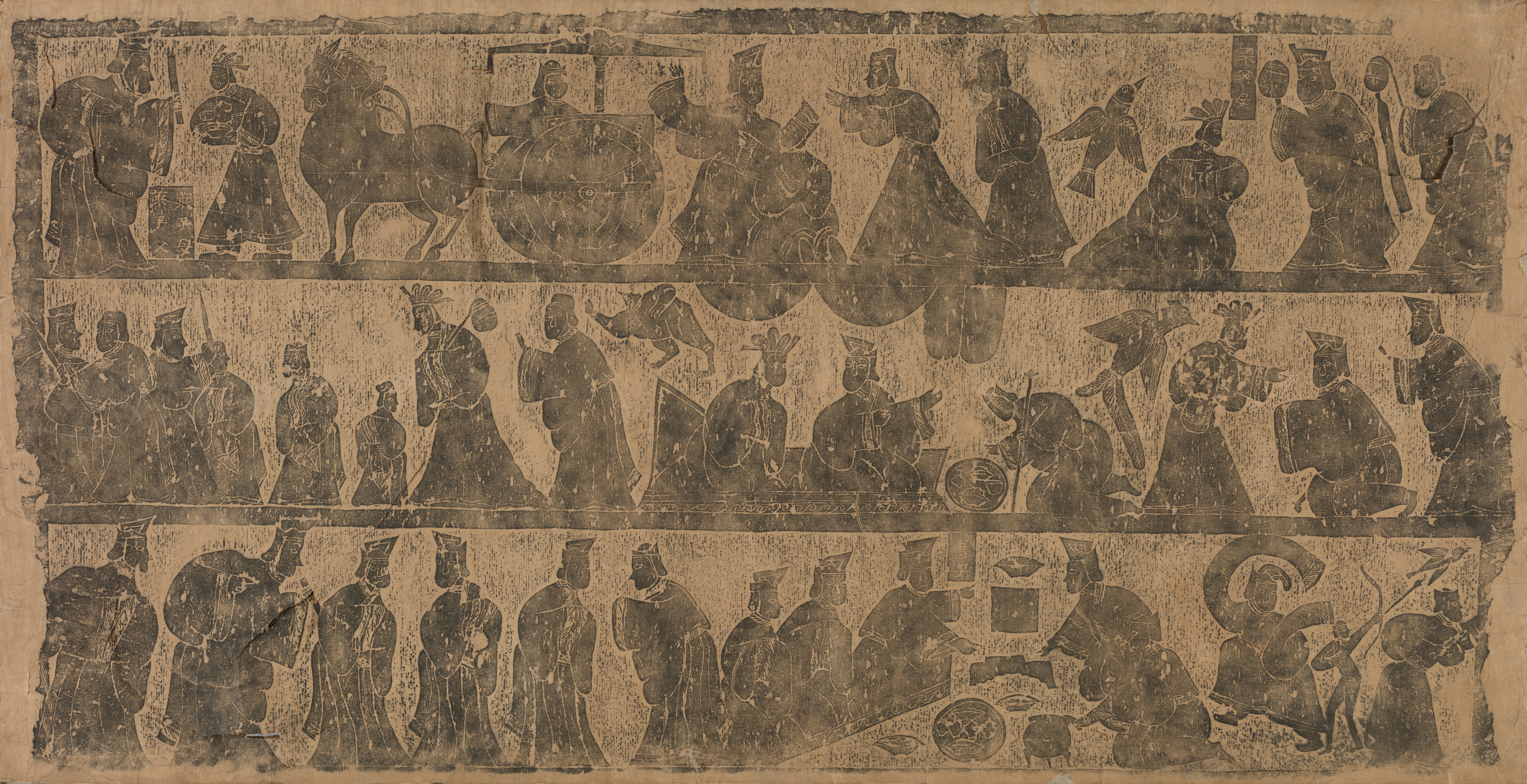 An ancient mural depicting a procession of figures in traditional attire, showcasing cultural rituals and daily life. The artwork highlights the intricate details and storytelling elements of the scene.