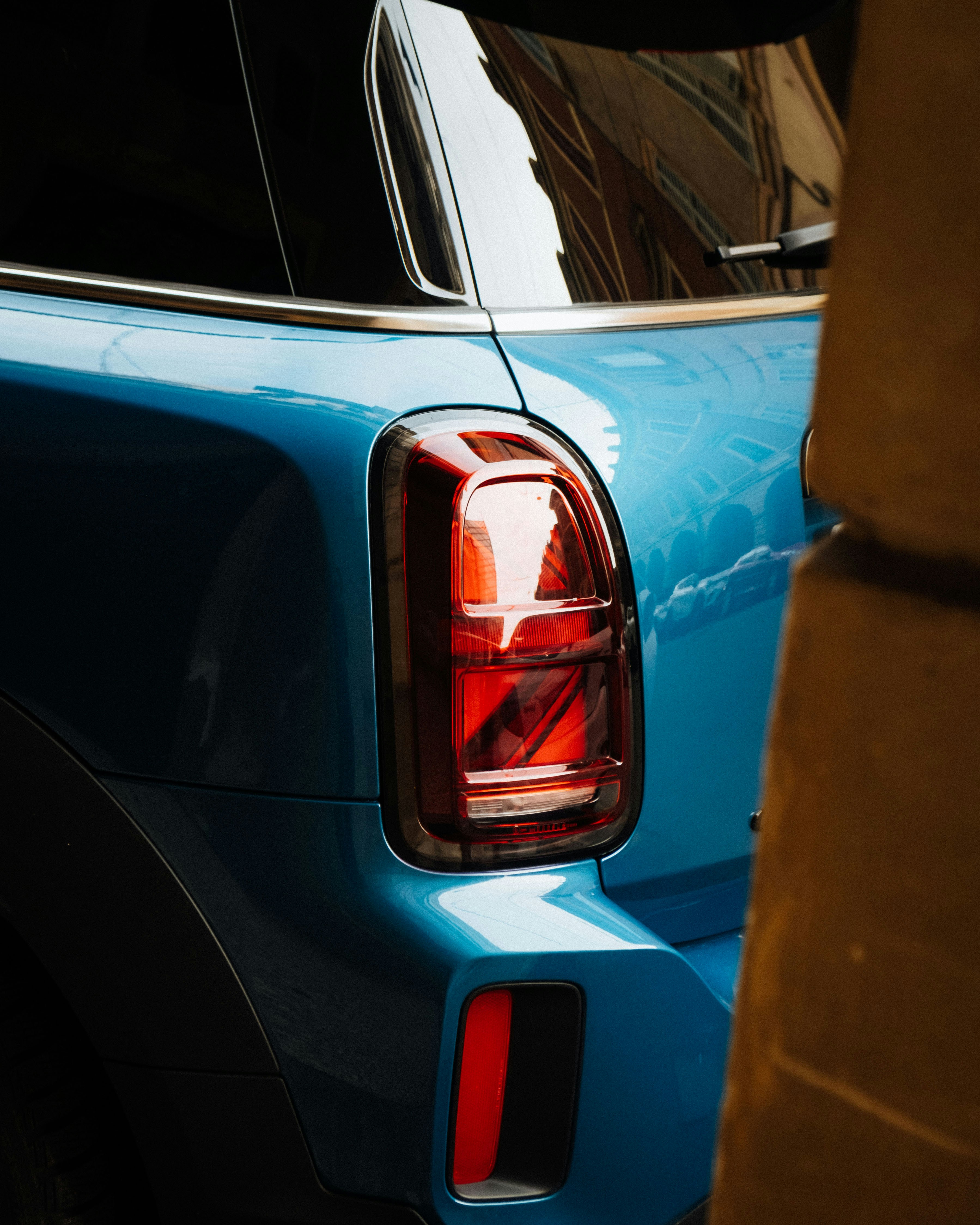 Blue Classic Tailfin Corner: A Juxtaposition of Chrome and Shadow