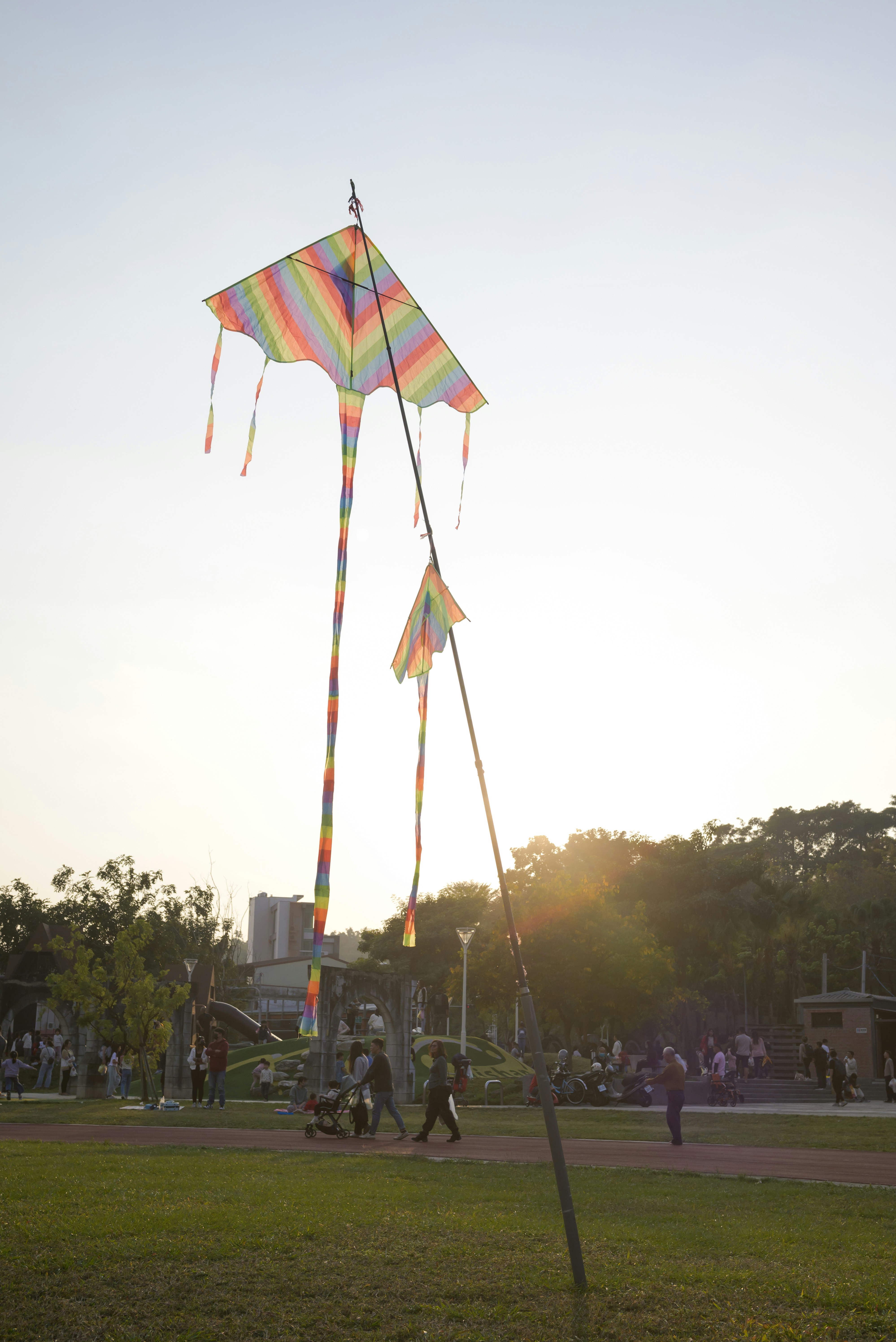 Prismatic Kite Rising Over a Sunlit Park at Dusk