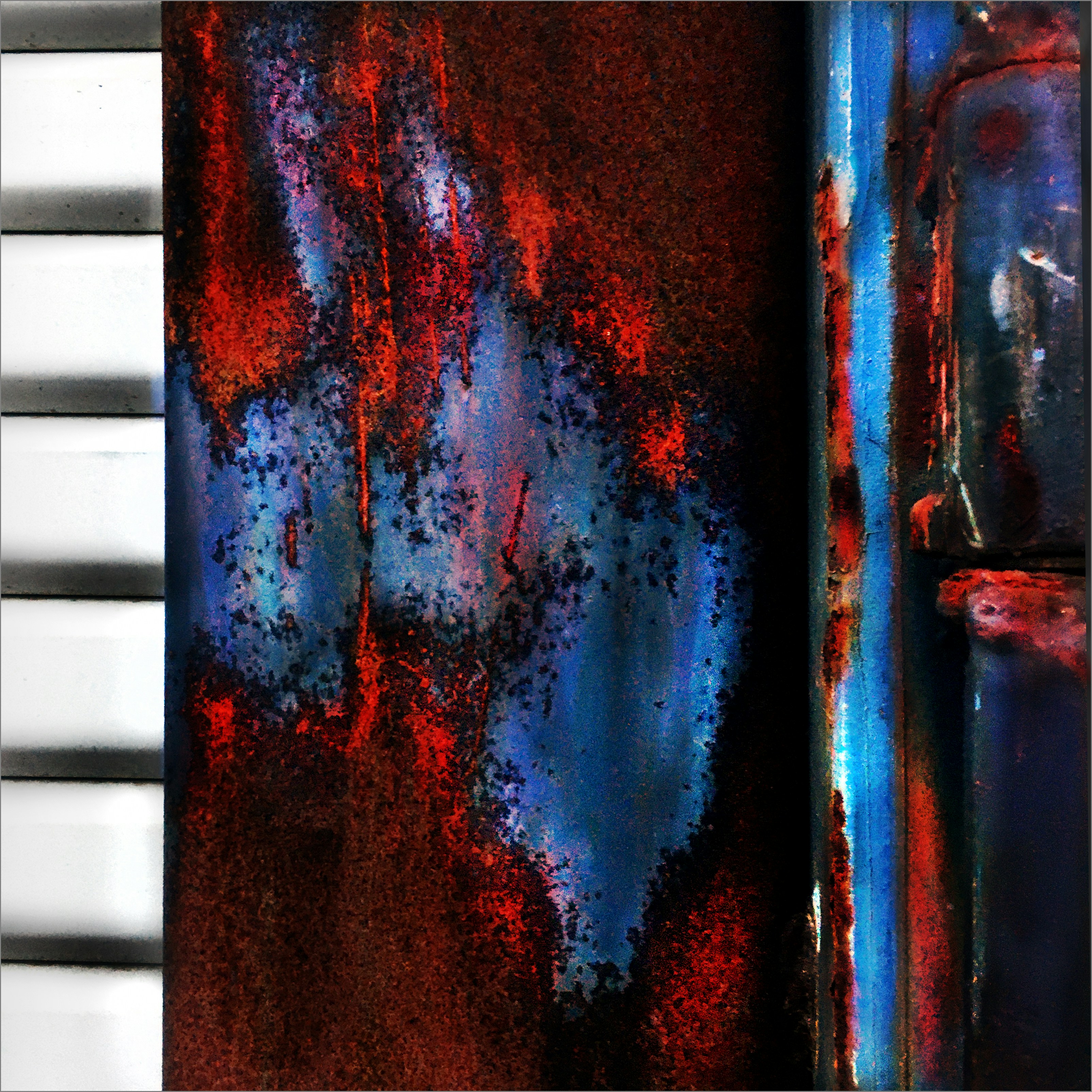 Rust and Neon: Abstract Panels on a Garage Wall