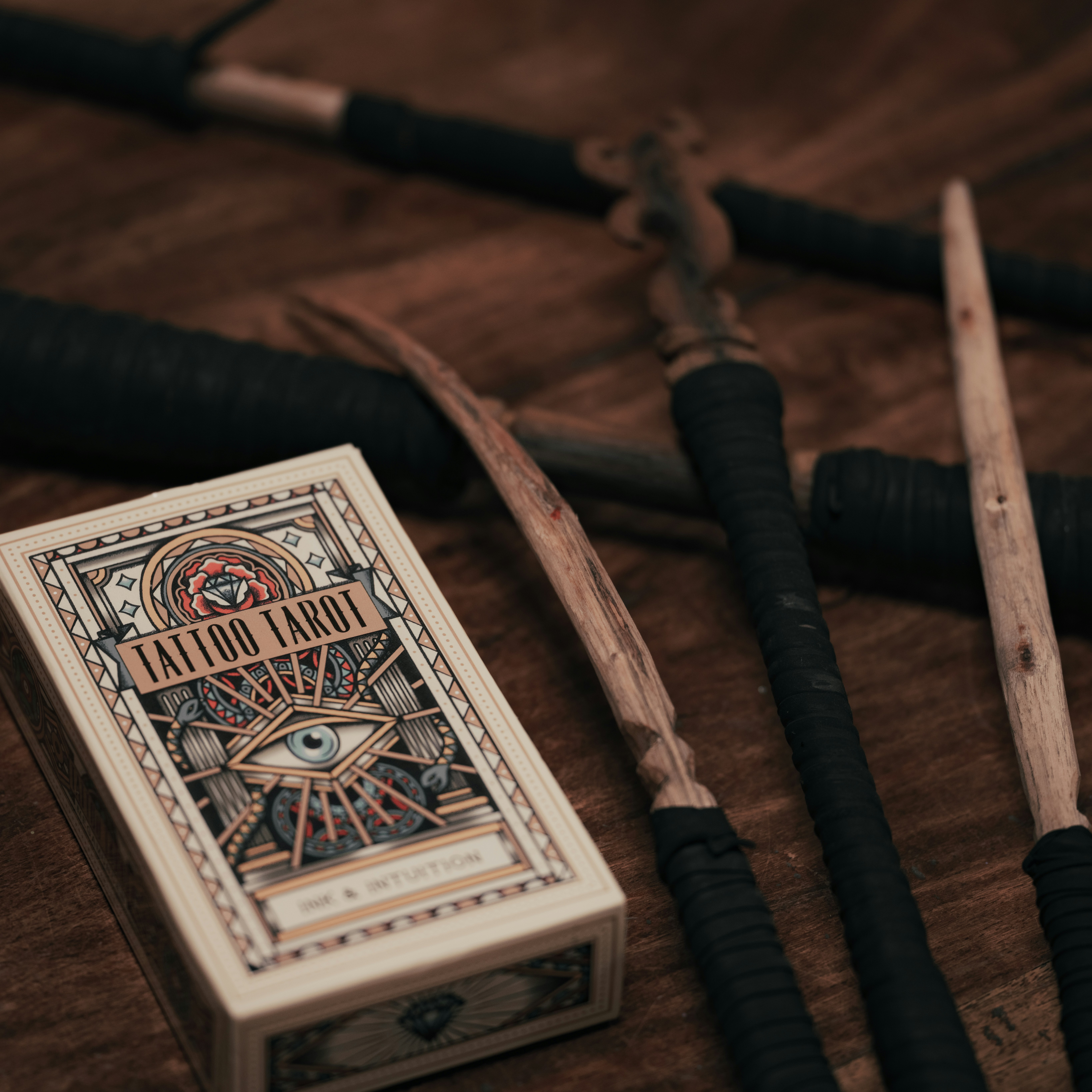 All-Seeing Eye on a Tattoo Tarot Deck, Guarded by Ritual Wands