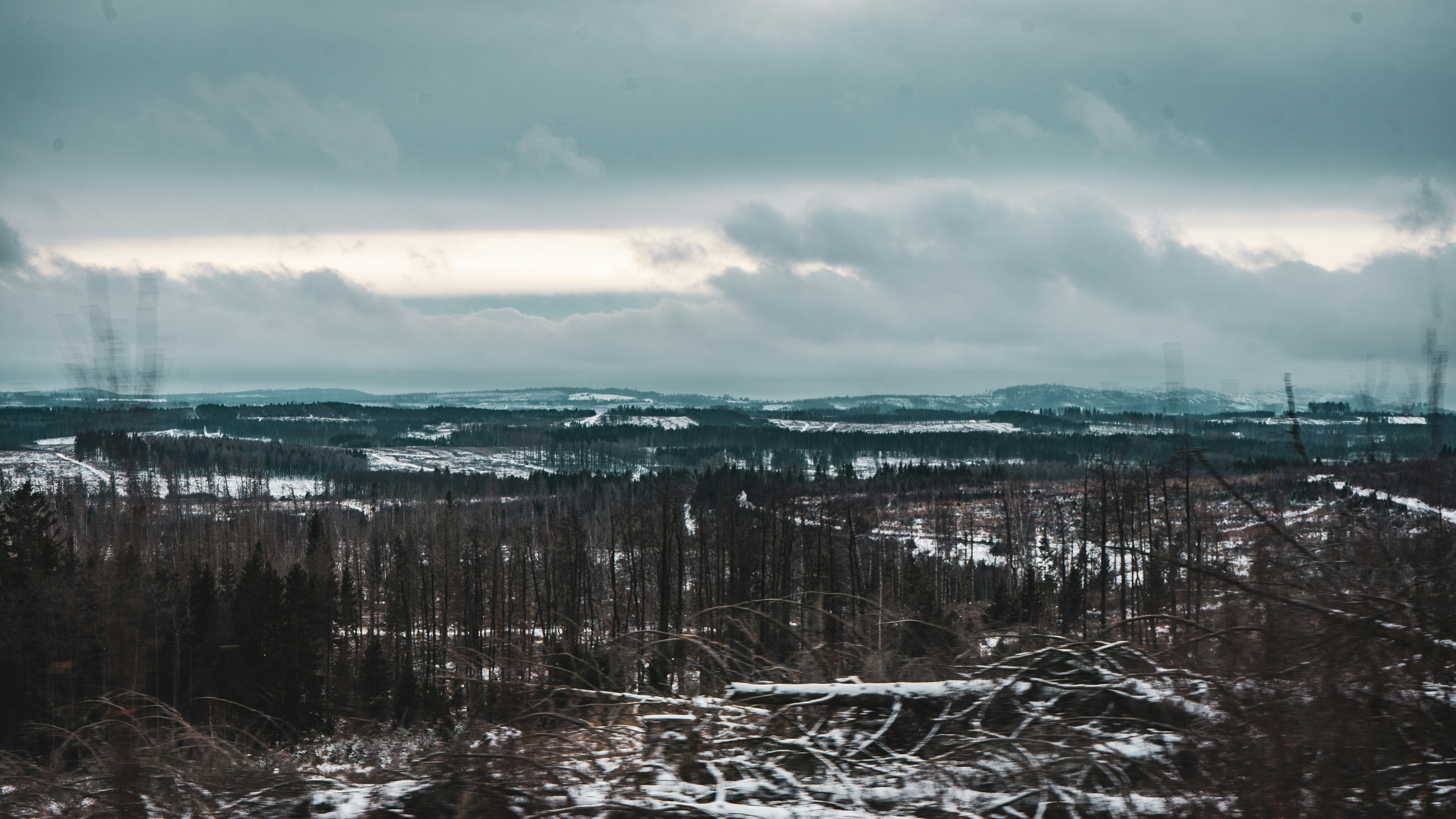 Snow-dusted forest landscape under a cloudy sky, with barren trees and distant hills.