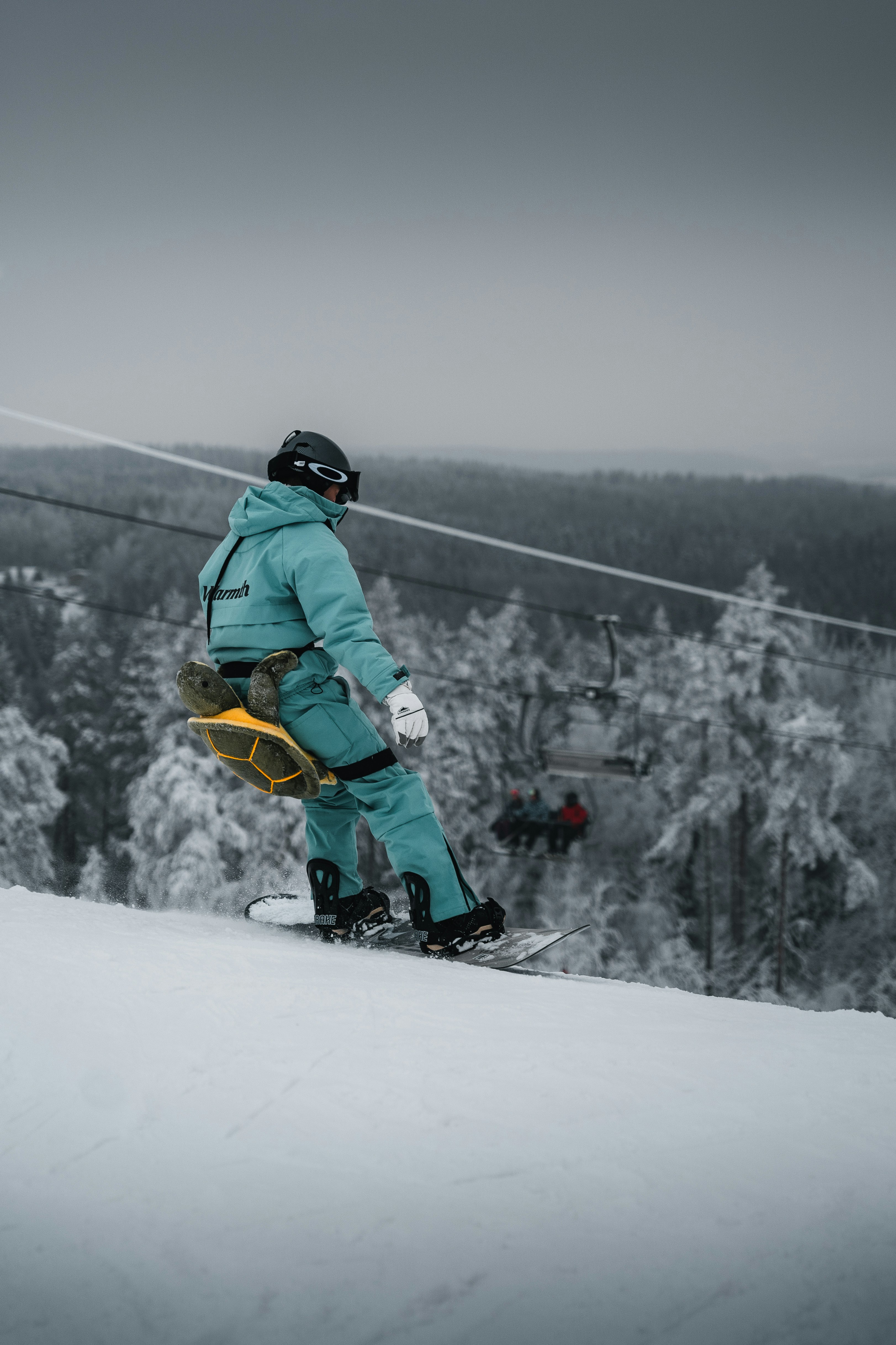 Teal-clad snowboarder carving a quiet Nordic descent under a pale winter sky