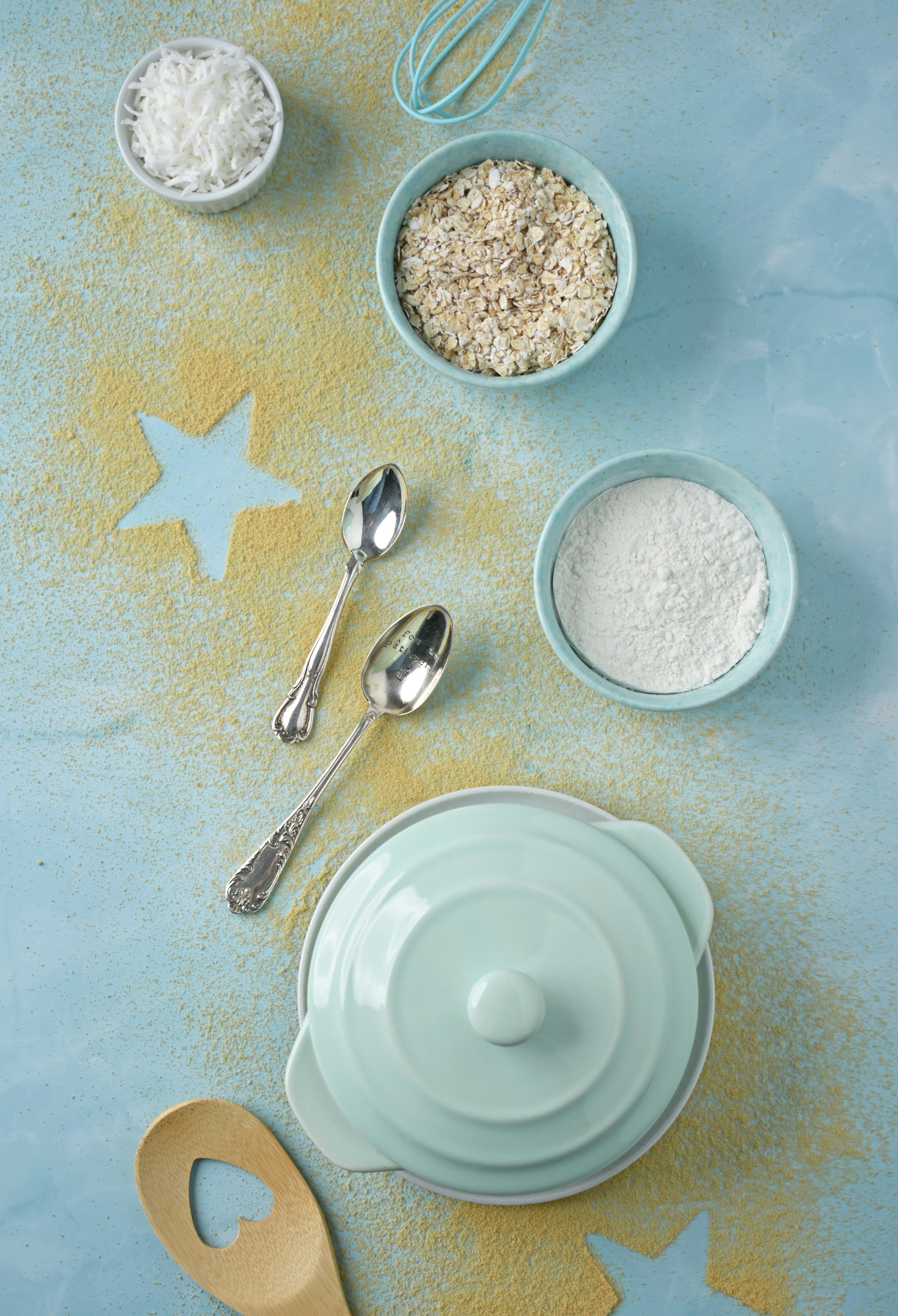 Teal Enamel Pot Centre Stage: Star Sprinkles in a Pastel Kitchen