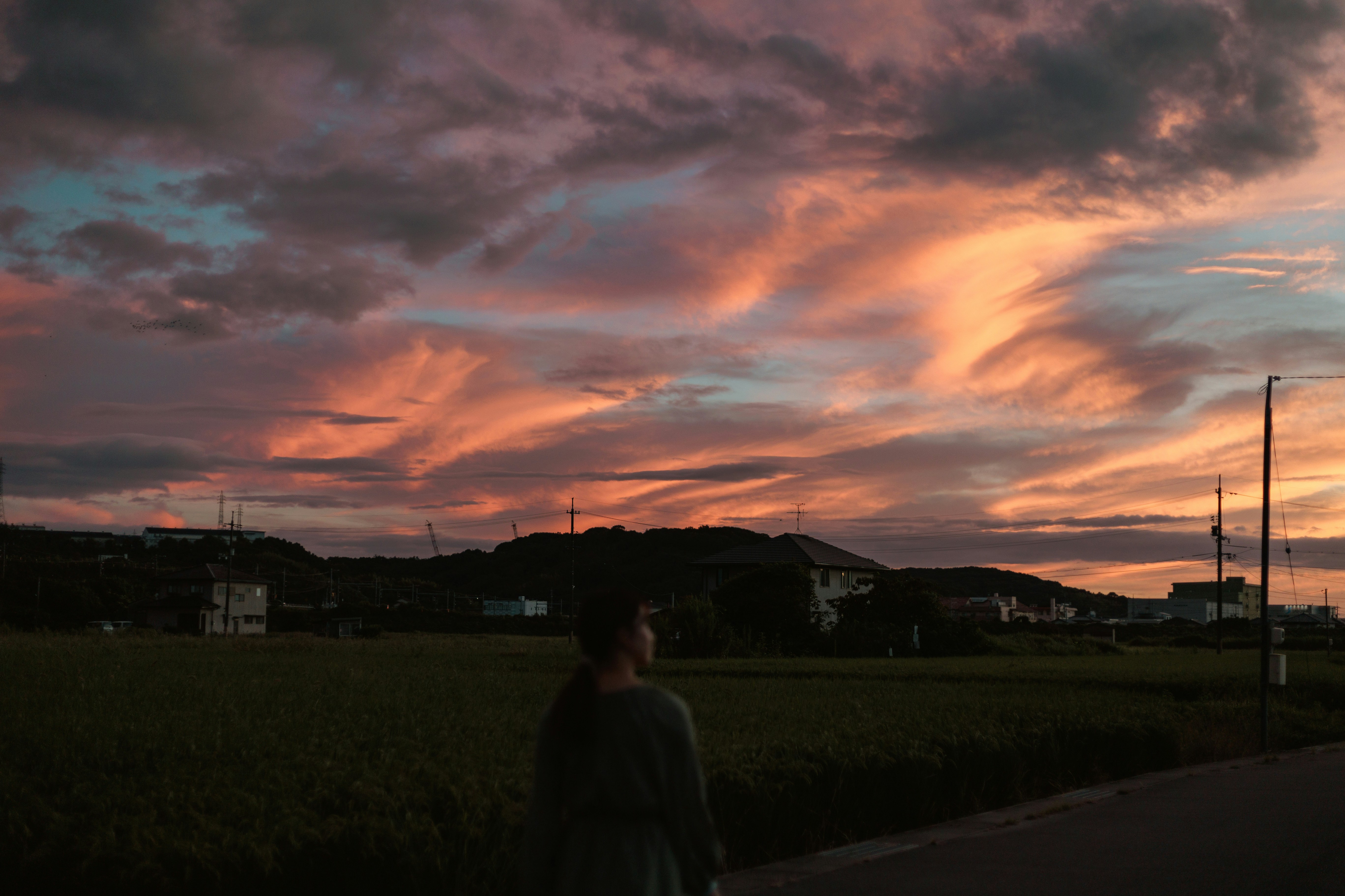 Silhouetted figure walking along a road as vibrant twilight colors paint the sky above a serene landscape.