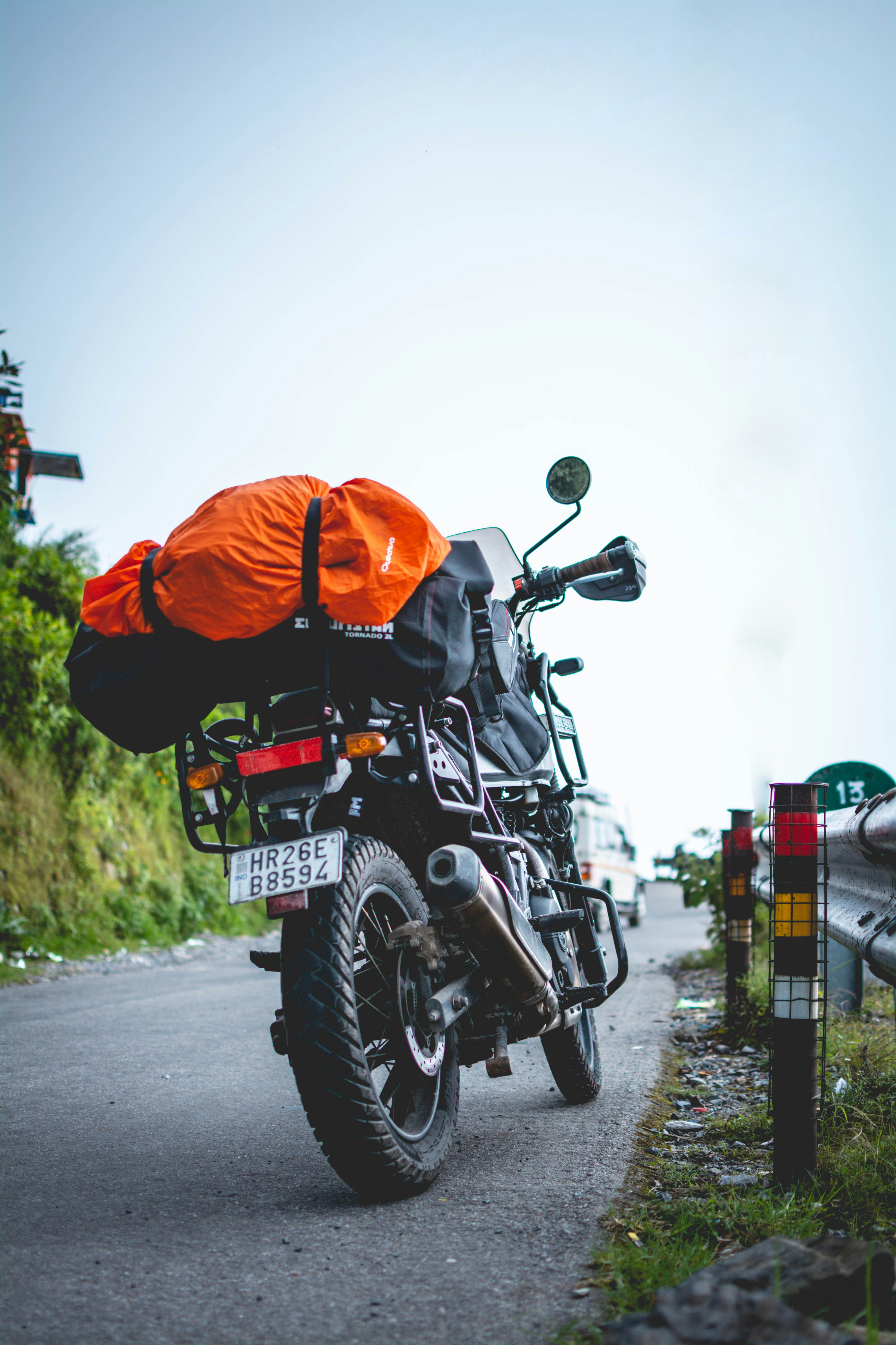 Loaded for the Long Ride: An Adventure Motorcycle Pauses on a Quiet Road