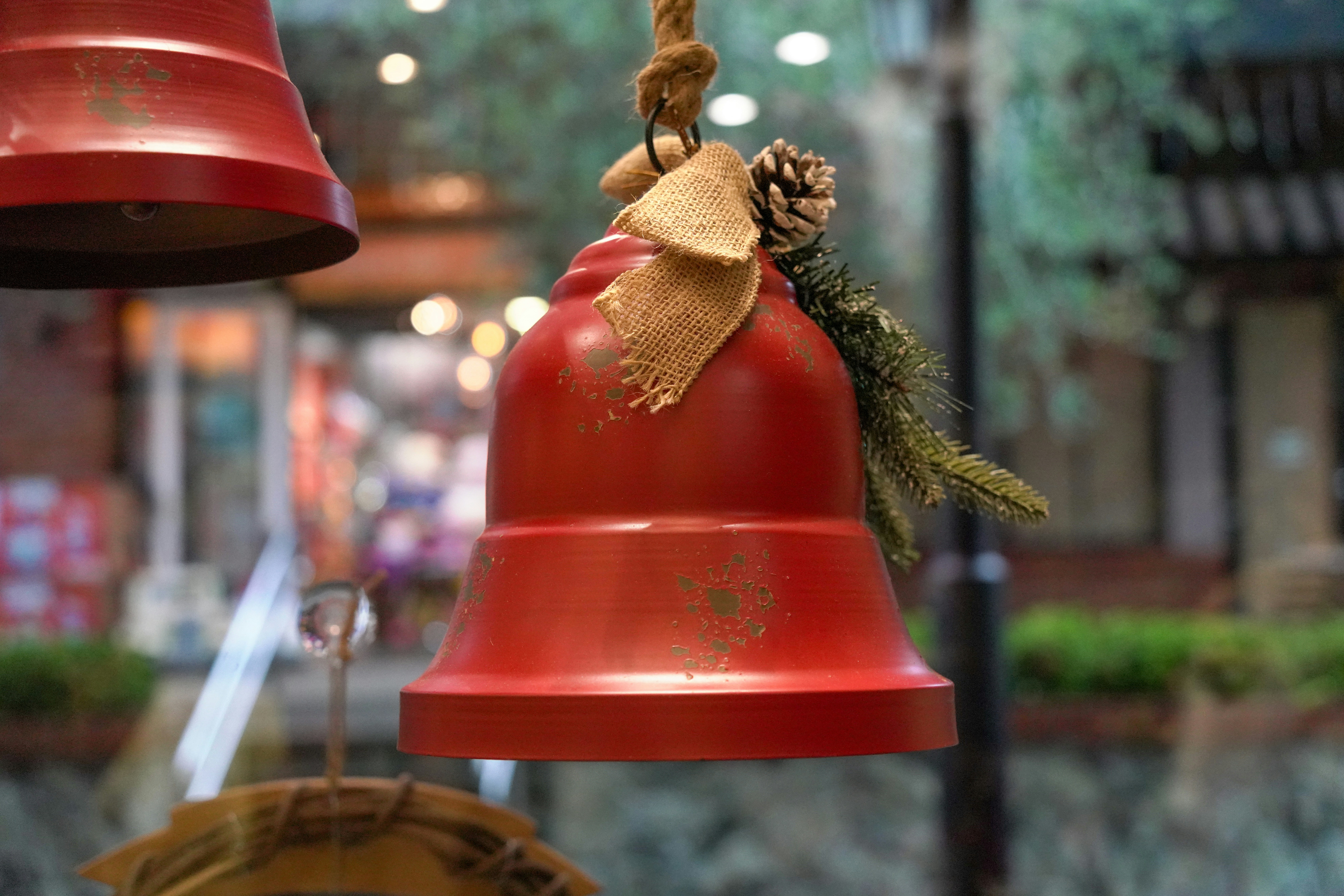 Rustic Red Bell Pendant: Burlap Bow and Pine in Velvet Bokeh