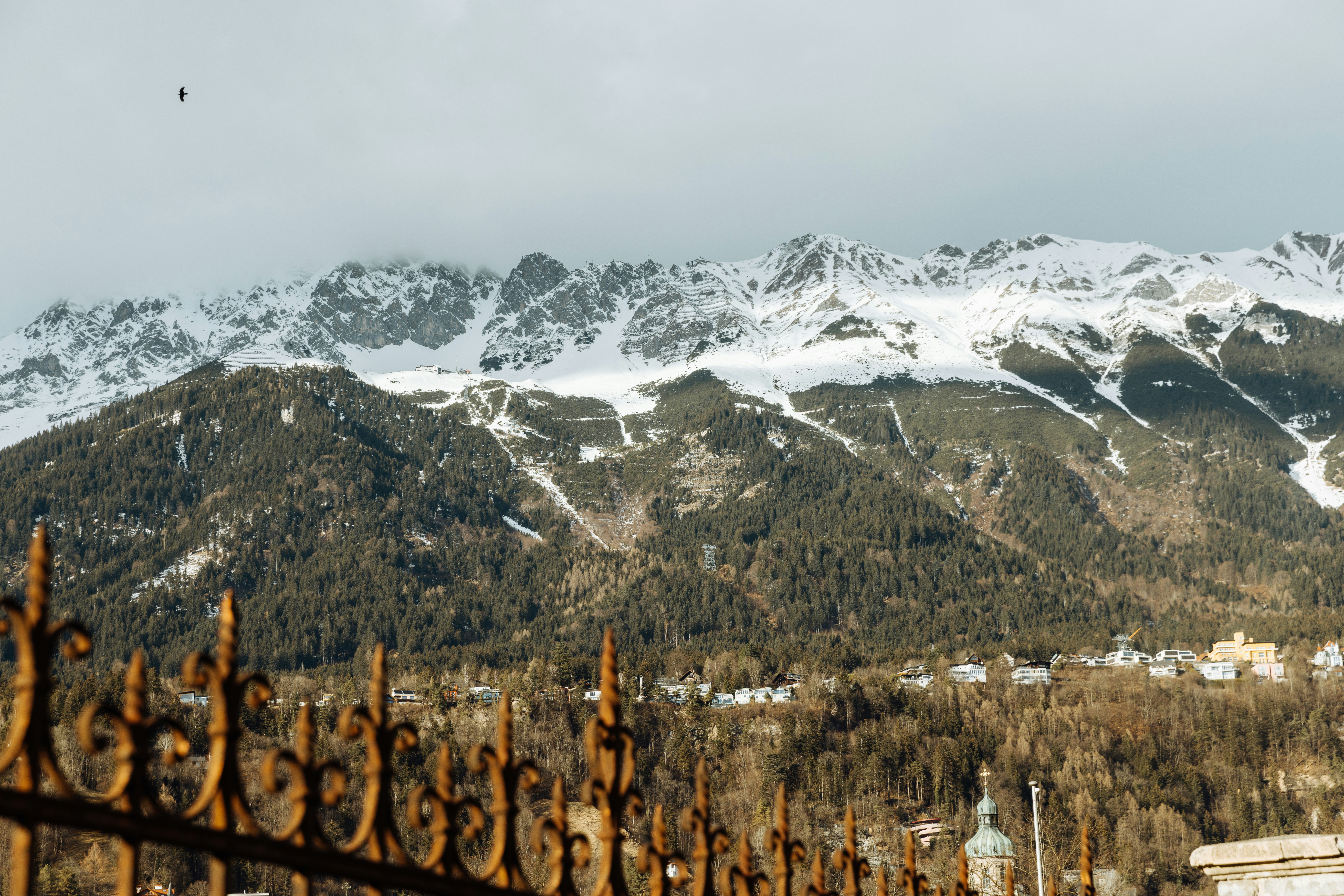 Snow-Capped Peaks Beyond Iron Rails