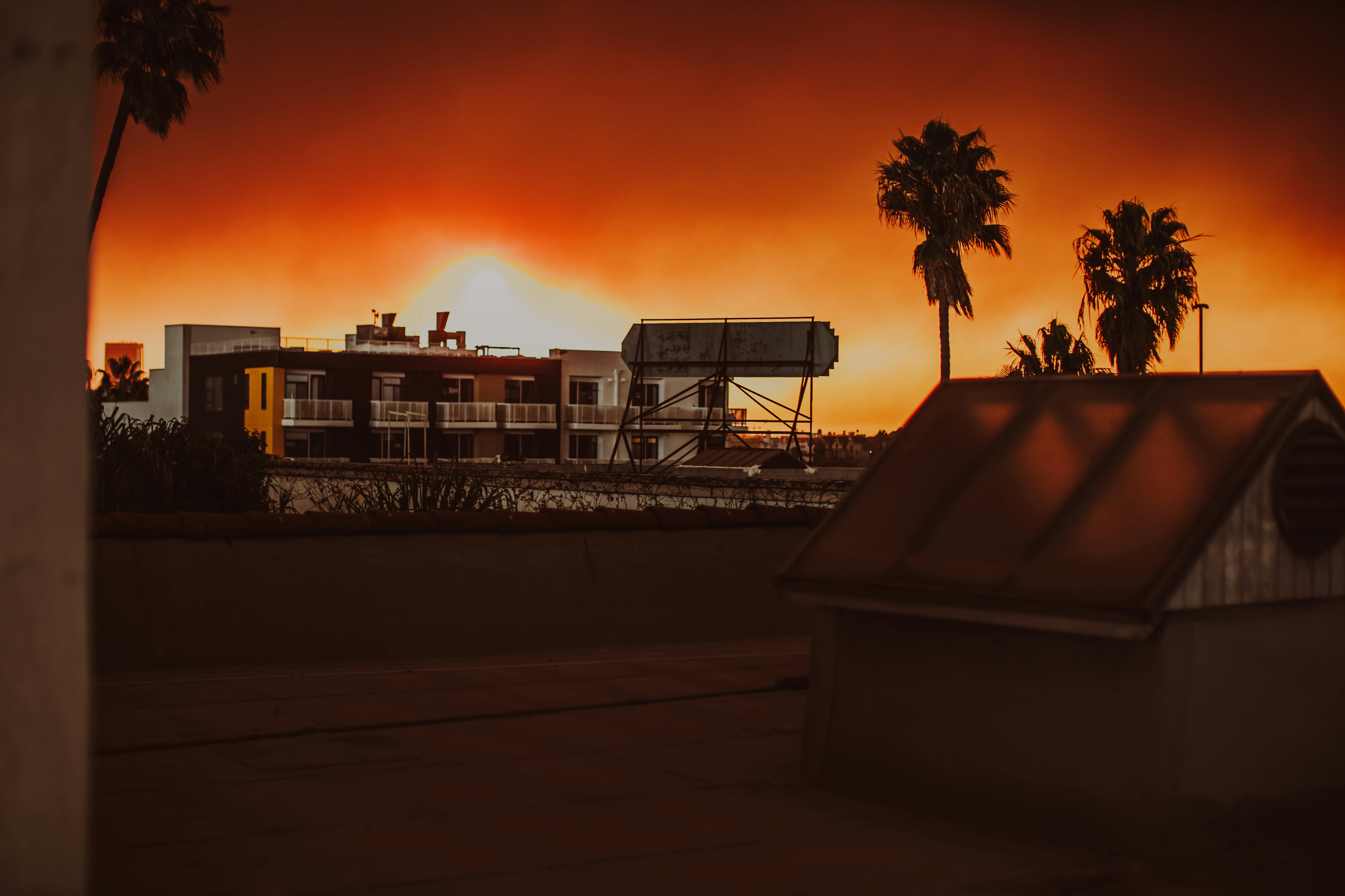 Rooftop views of the Palisades fire in Los Angeles, California | A picture of a fire burning in the sky