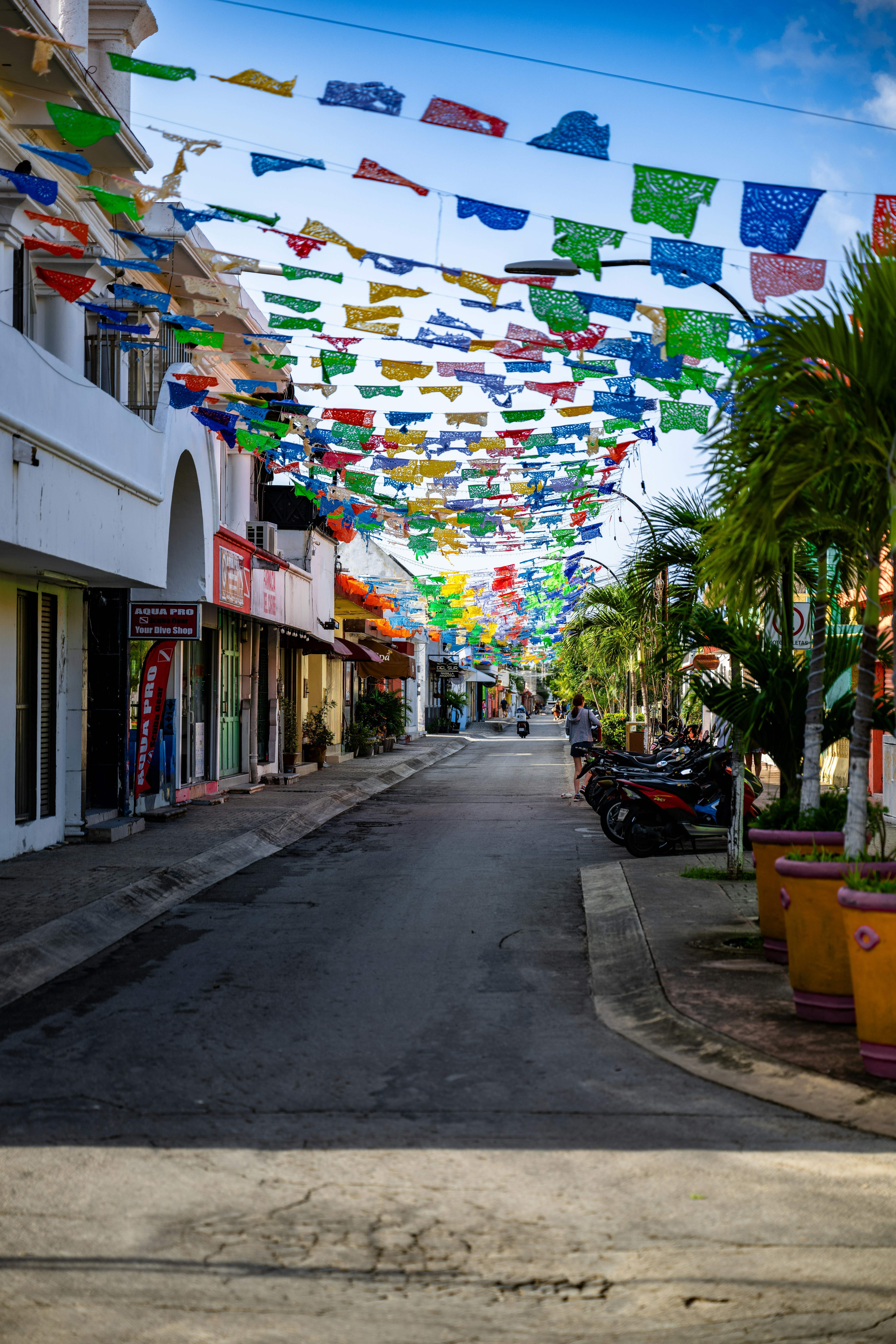 Colorful flags strung across a quiet street lined with palm trees and storefronts under a clear blue sky.