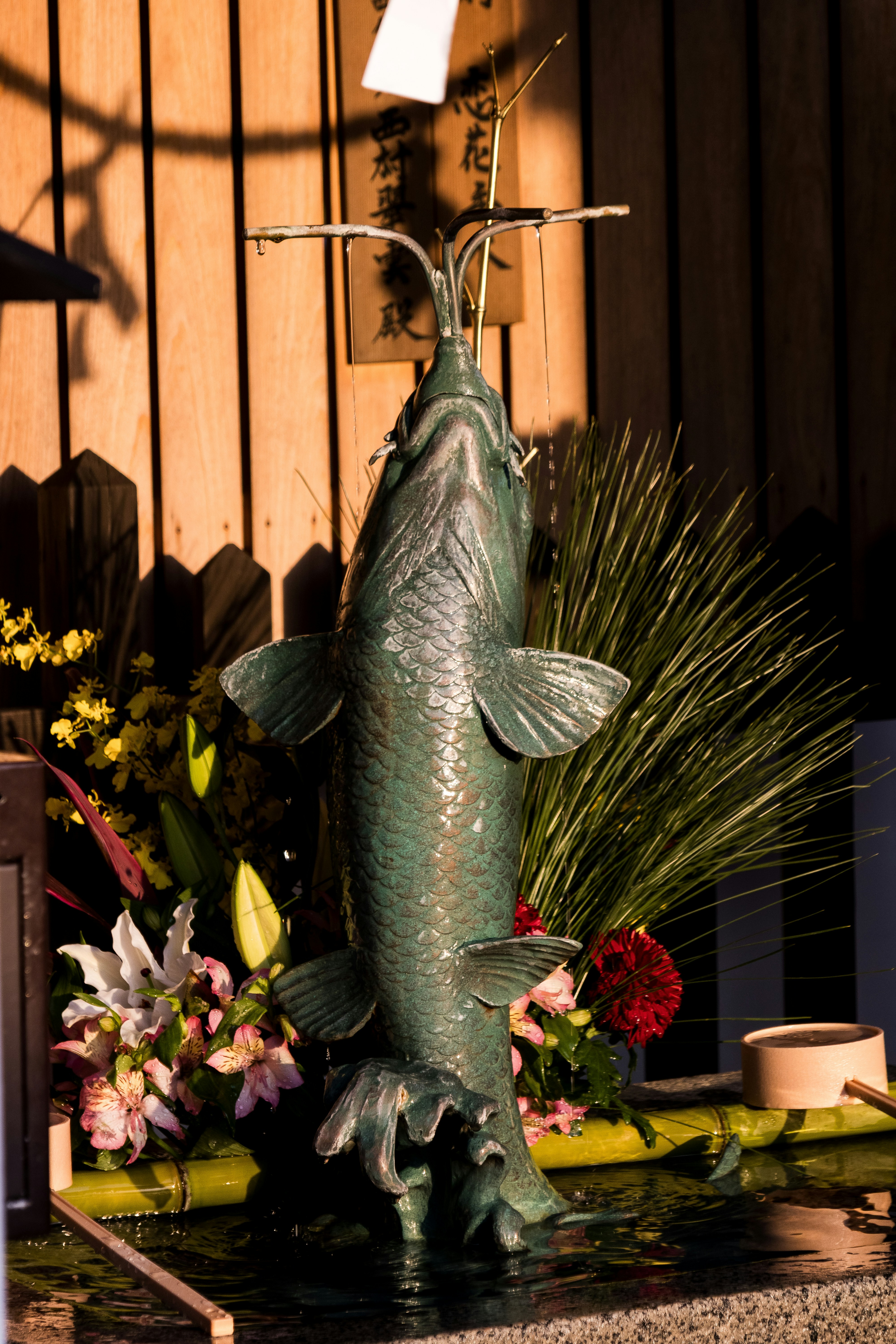 Verdant Koi Sentinel Amid Shrine Flowers