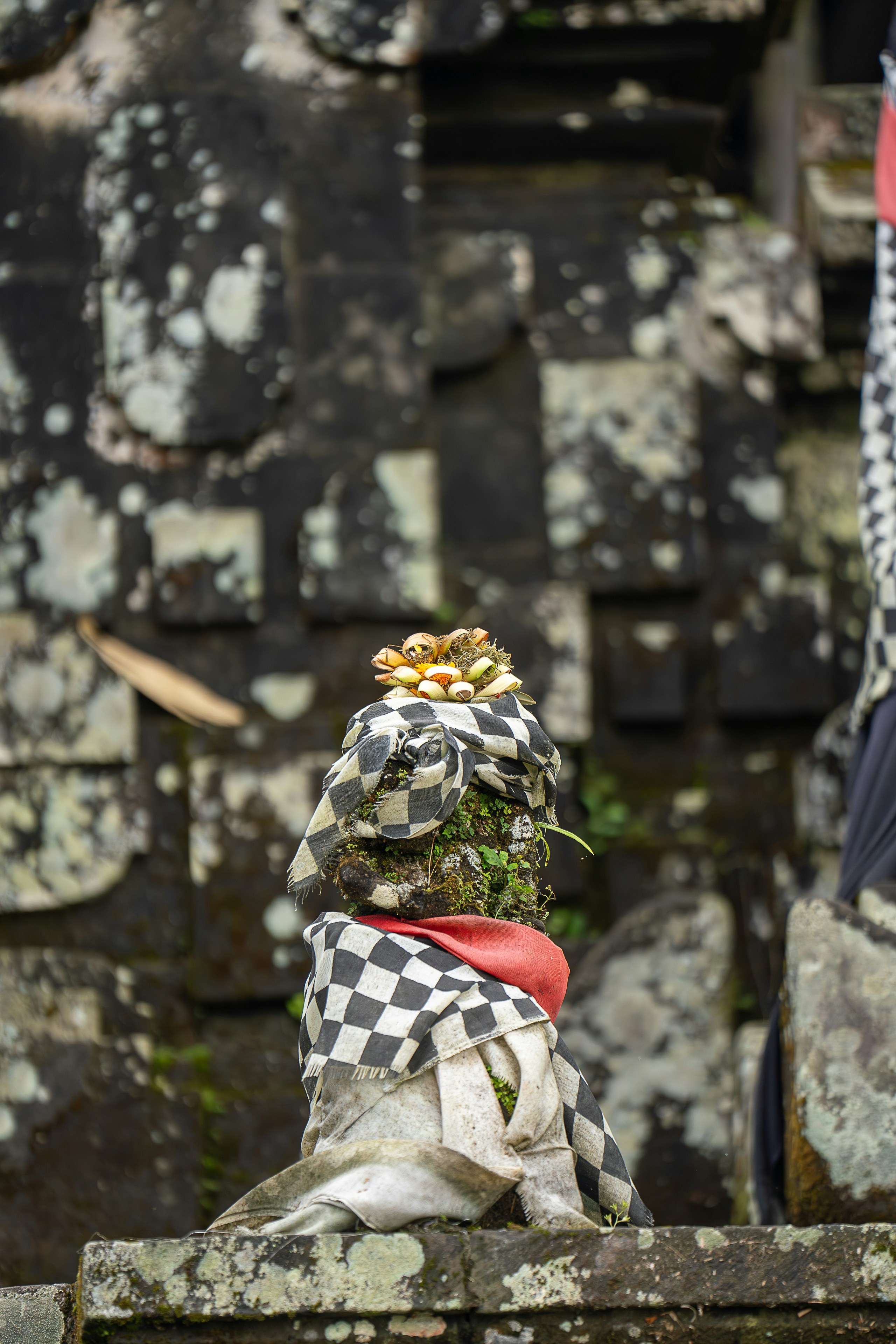 Mossy Sentinel: A Checkerboard-Clad Statue Under Timeworn Stones