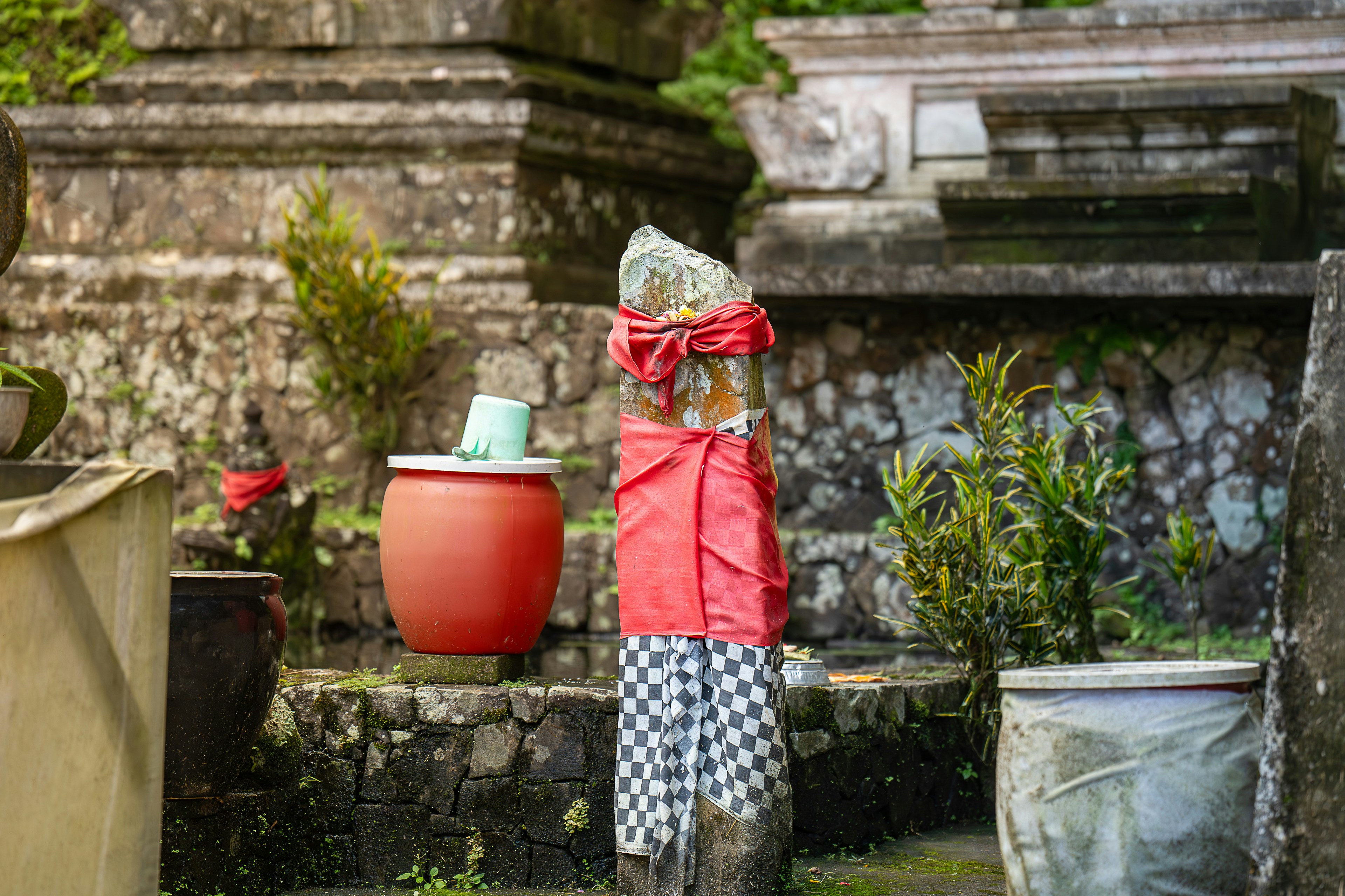 A woman in a red jacket and checkered pants standing next to potted ...