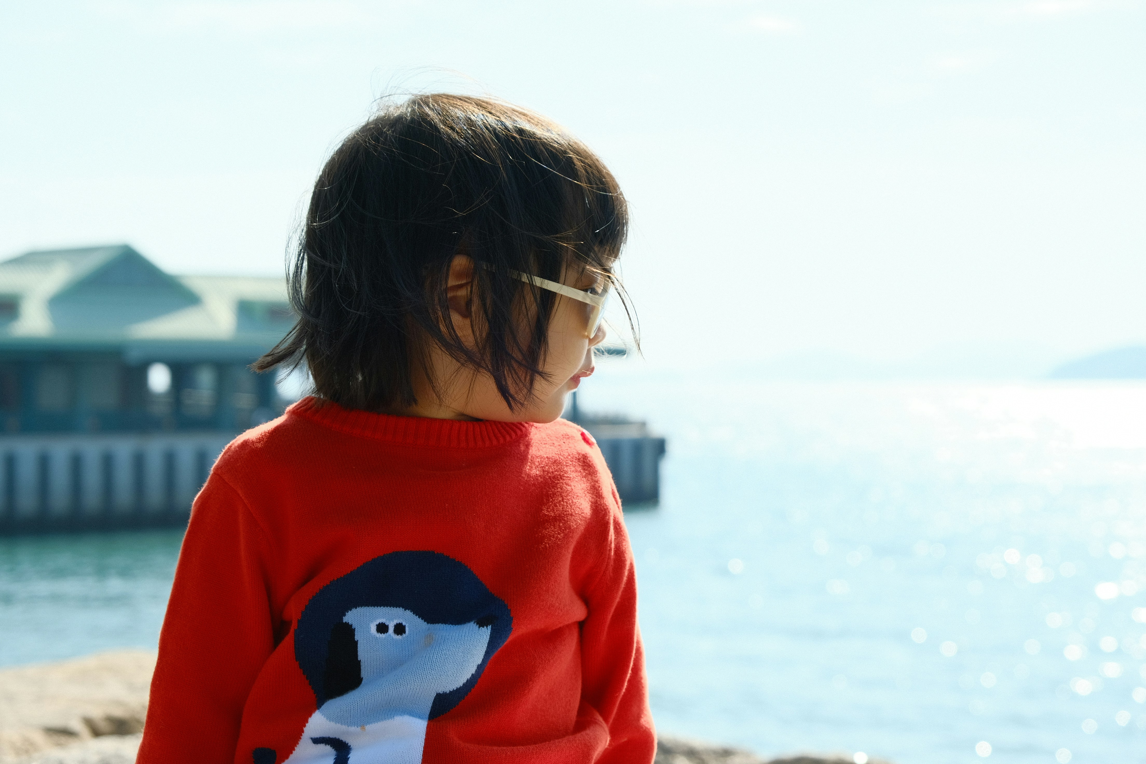 Harbor Glow: A Red-Sweater Moment by the Sunny Pier