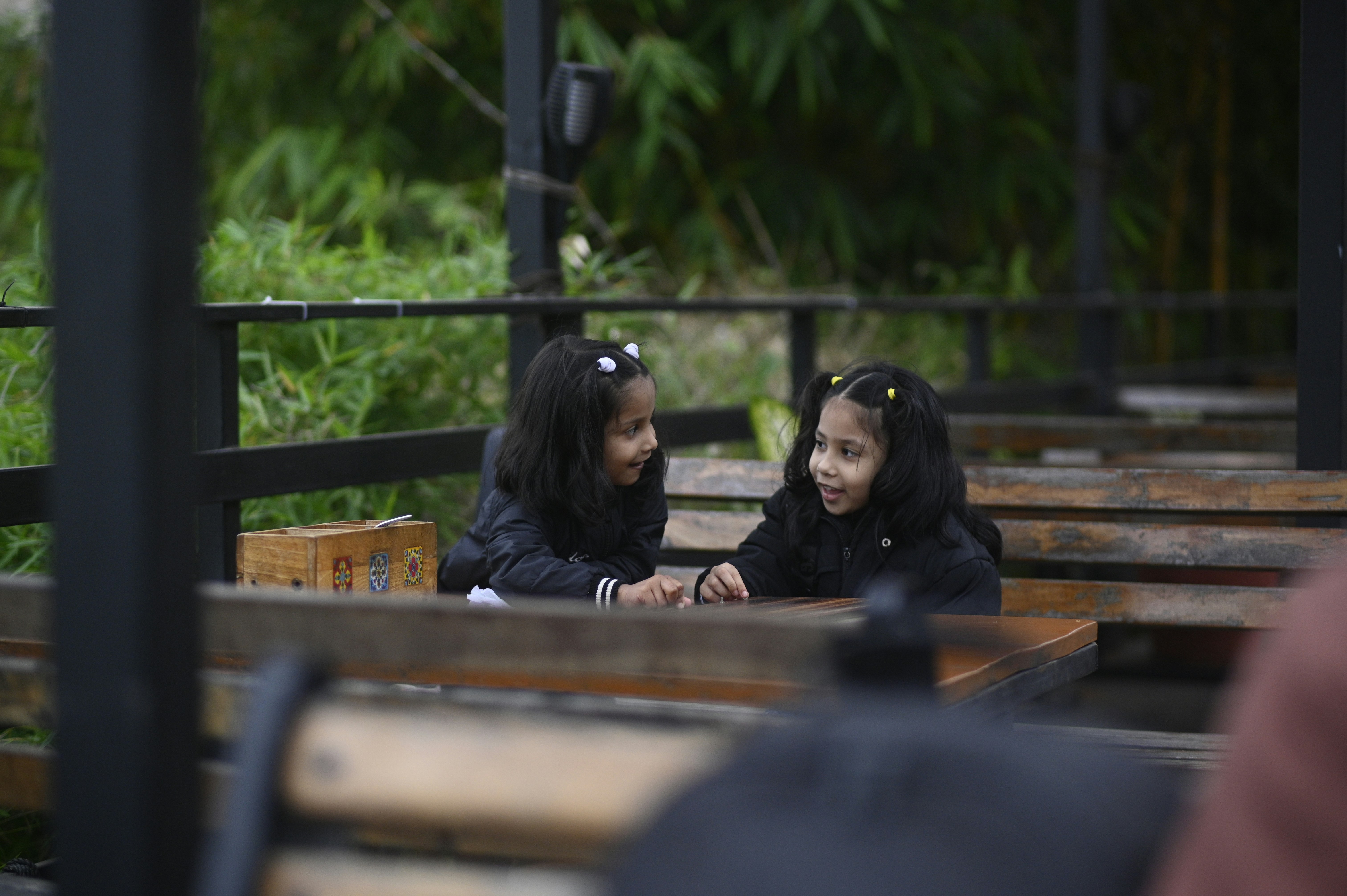 Two young girls sitting on wooden benches in a park photo – Free Man ...