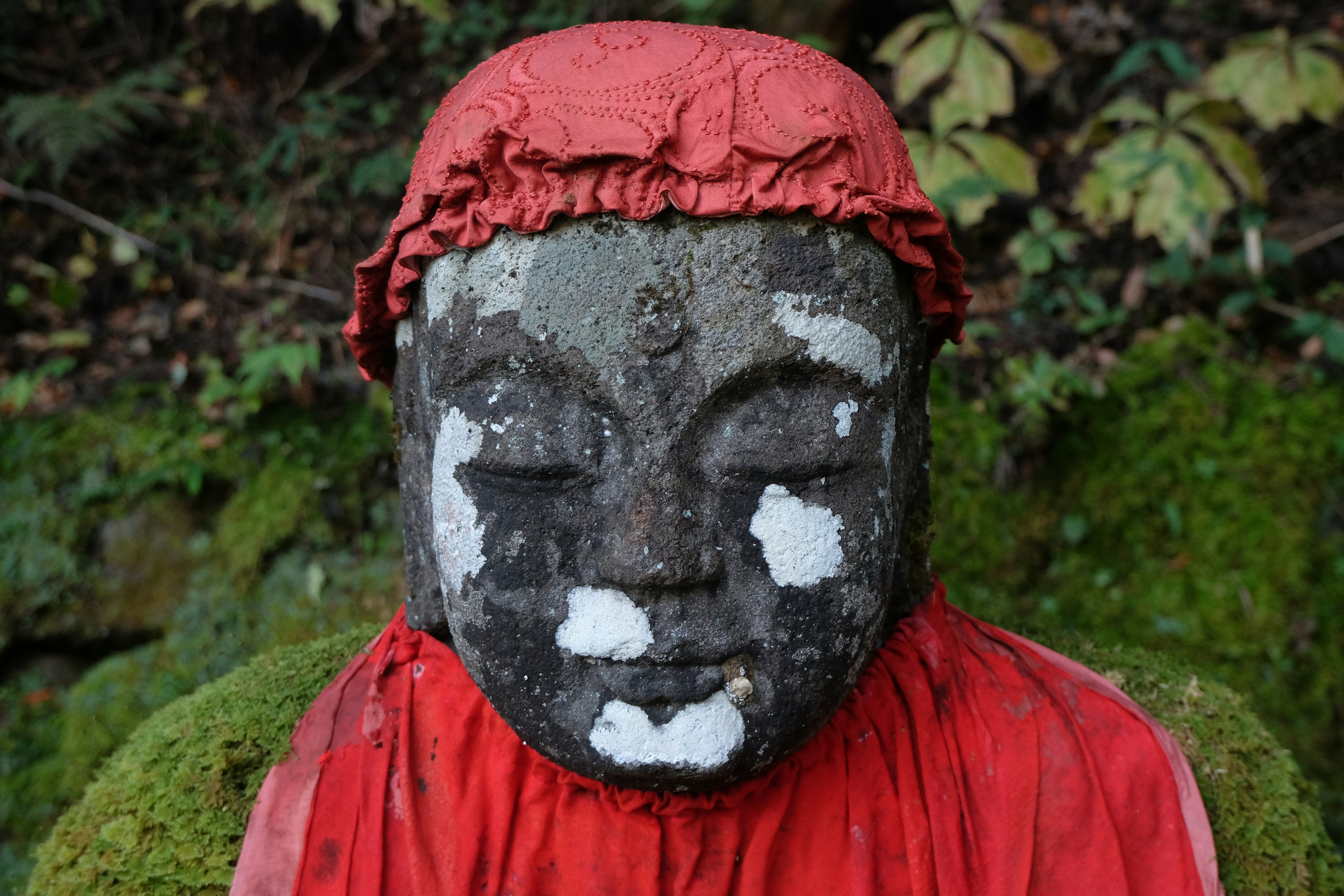 Crimson Robe, Moss-Cloaked Buddha: A Weathered Stone Watcher