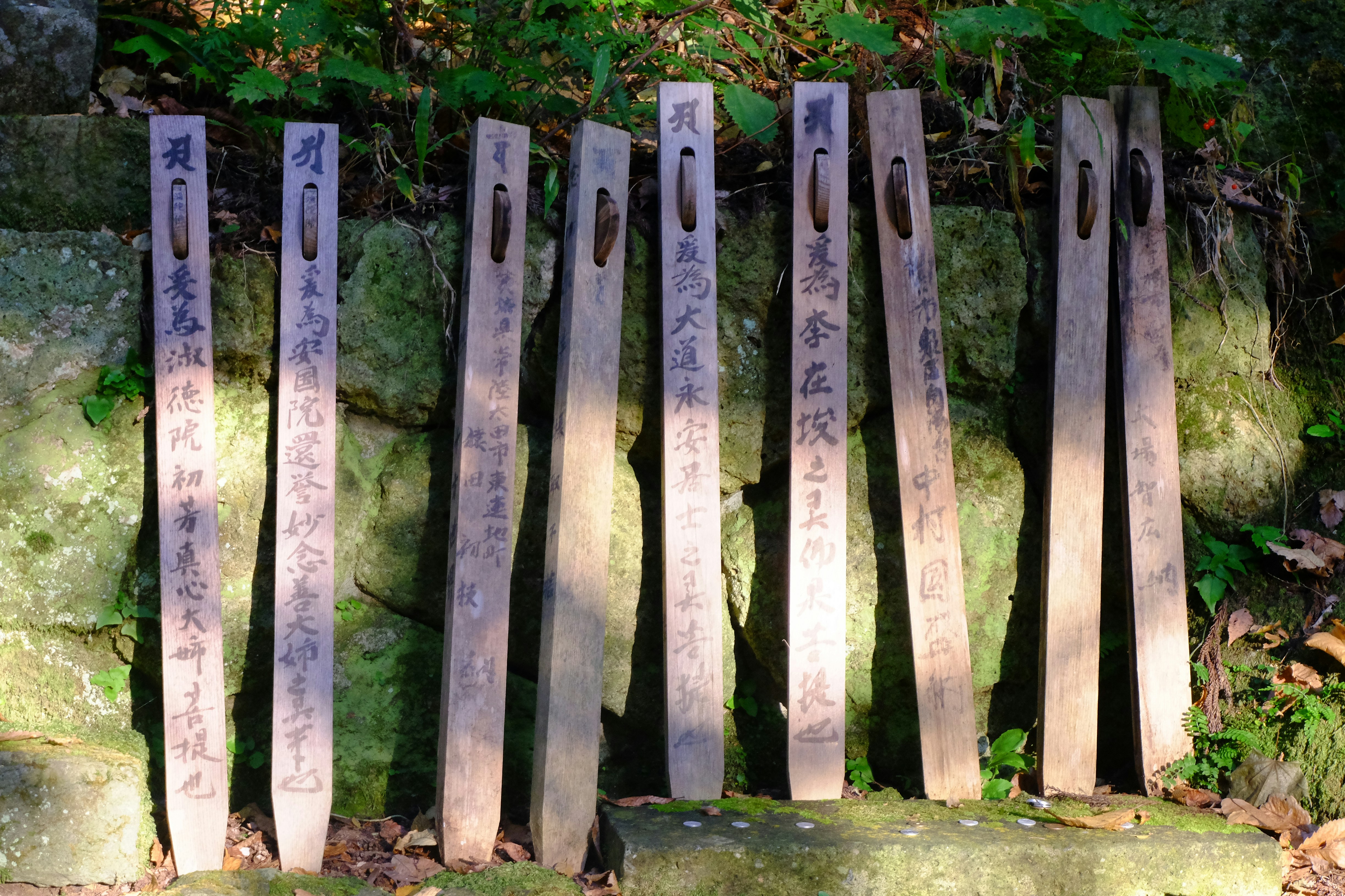 Wooden markers with inscriptions leaning against moss-covered stones in dappled sunlight.