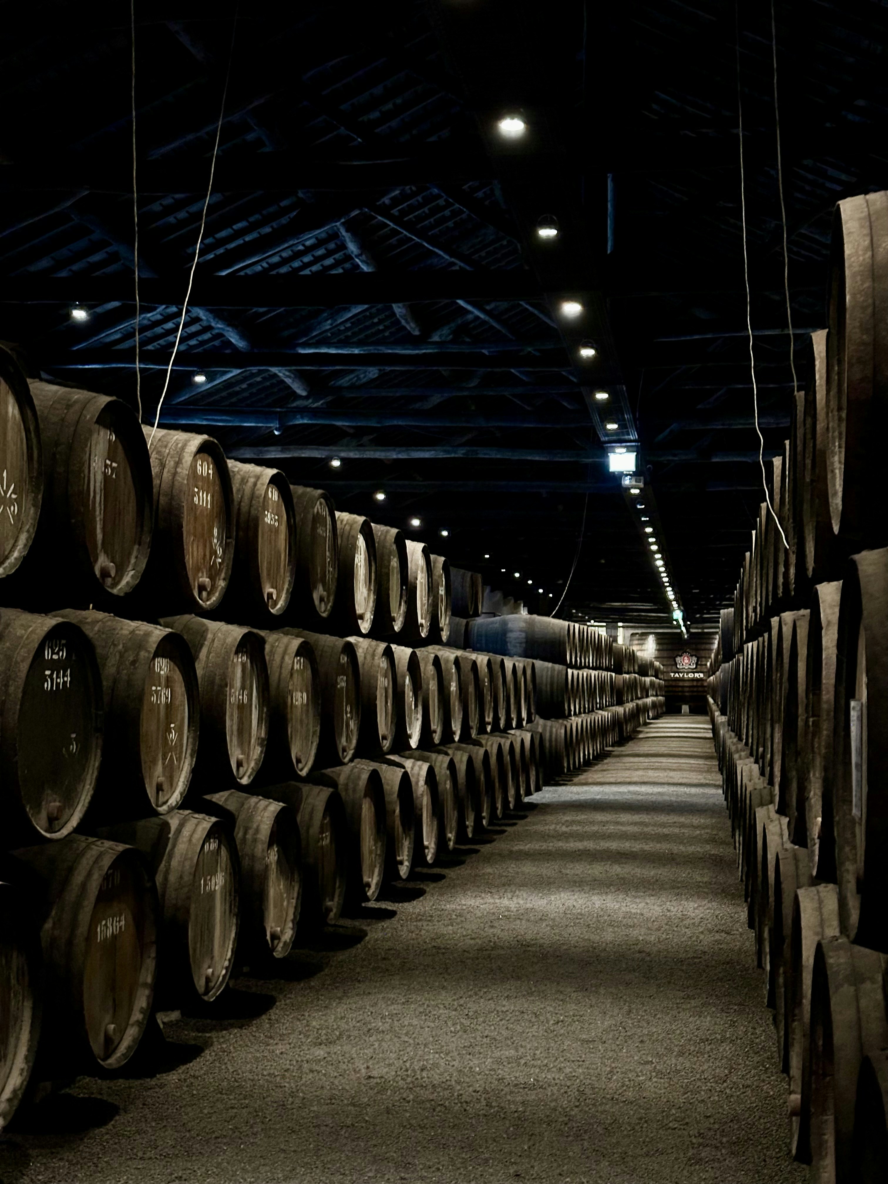 Dimly lit warehouse with rows of stacked port barrels lining a narrow pathway.