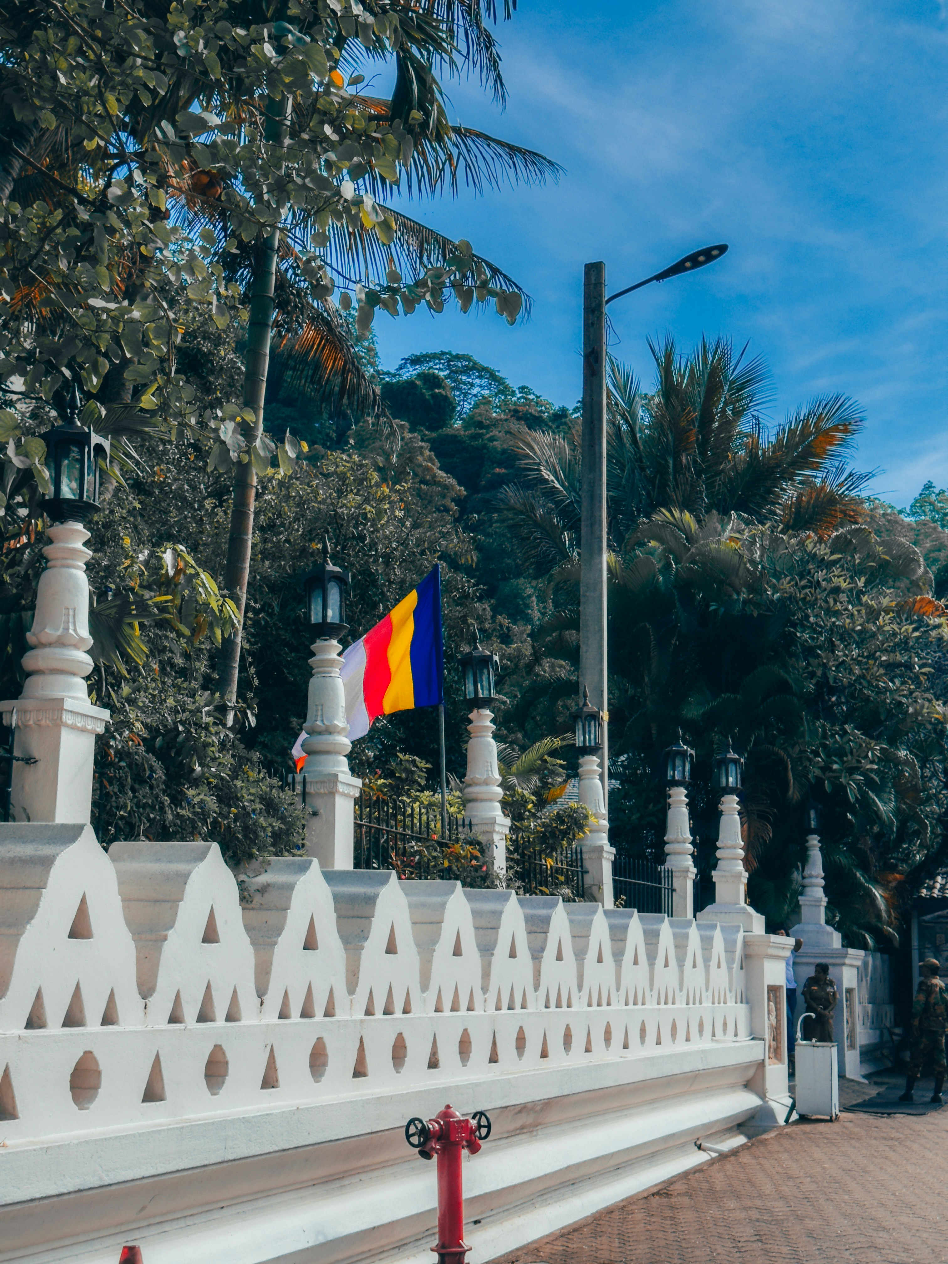 Flag on a Sunlit White Terrace Amid Palm Shadows