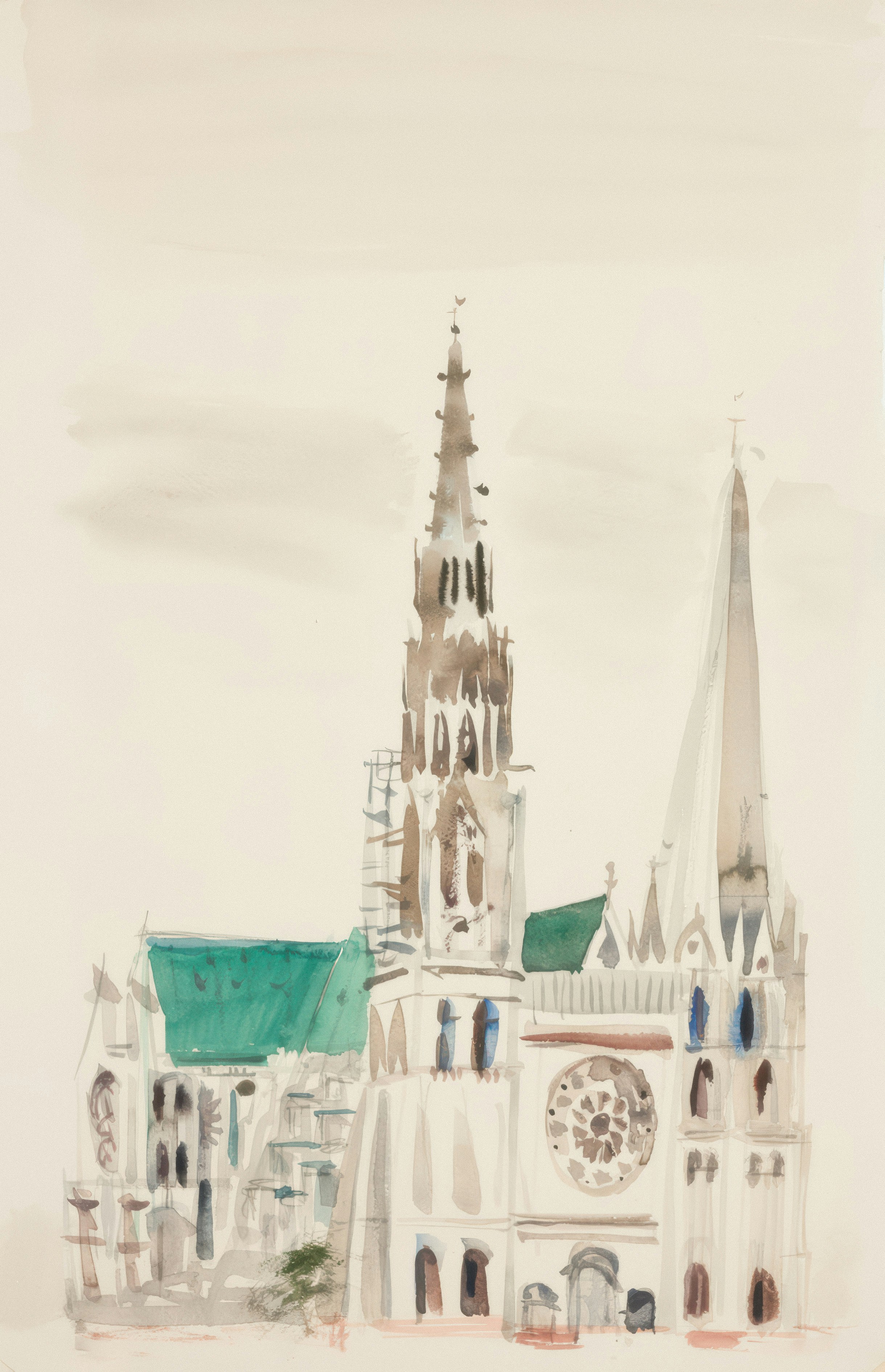 Towering Spires in Soft Wash: A Gentle Cathedral Sketch