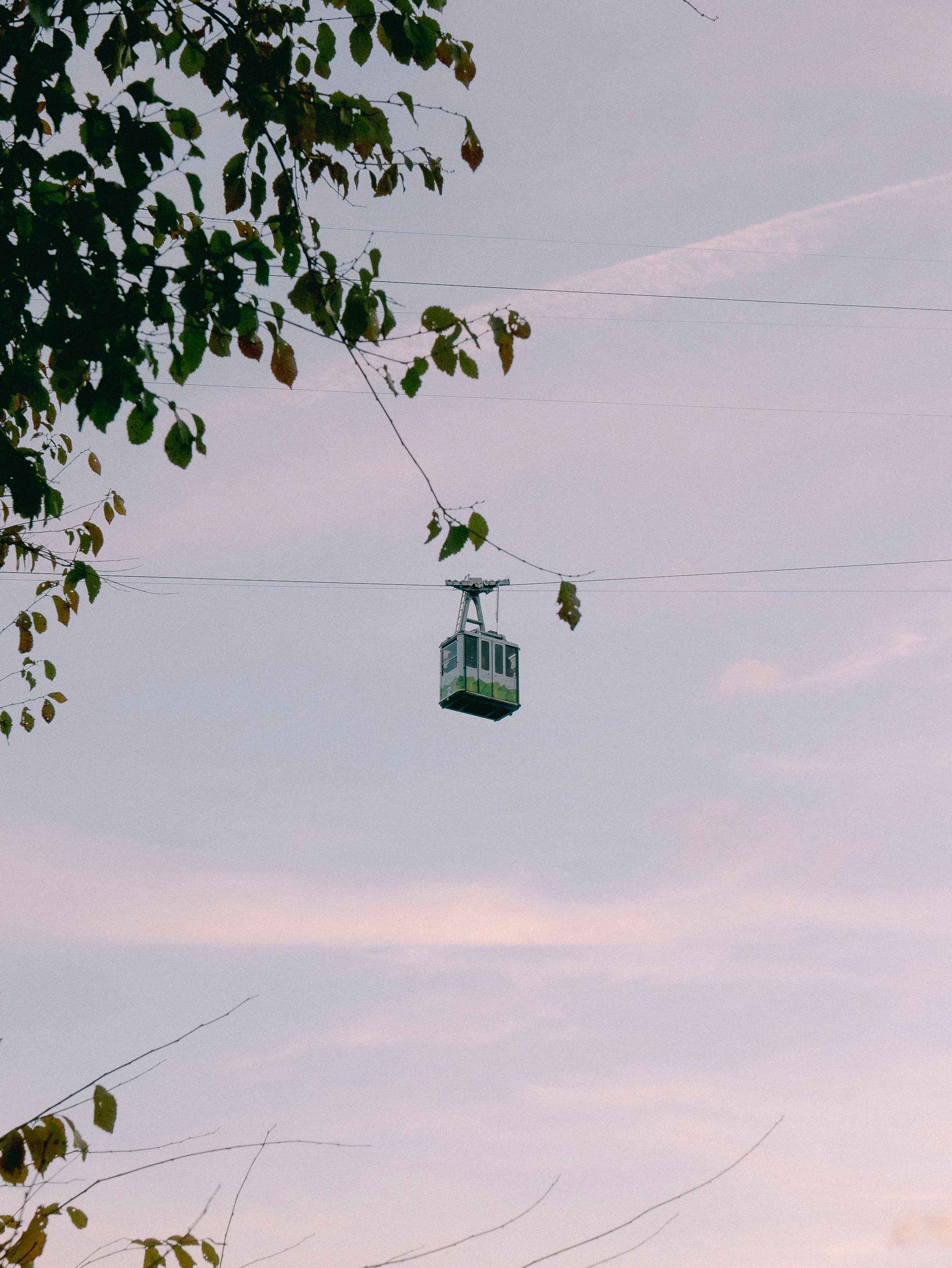 Green Cable Car Drifts Through a Pink Dusk