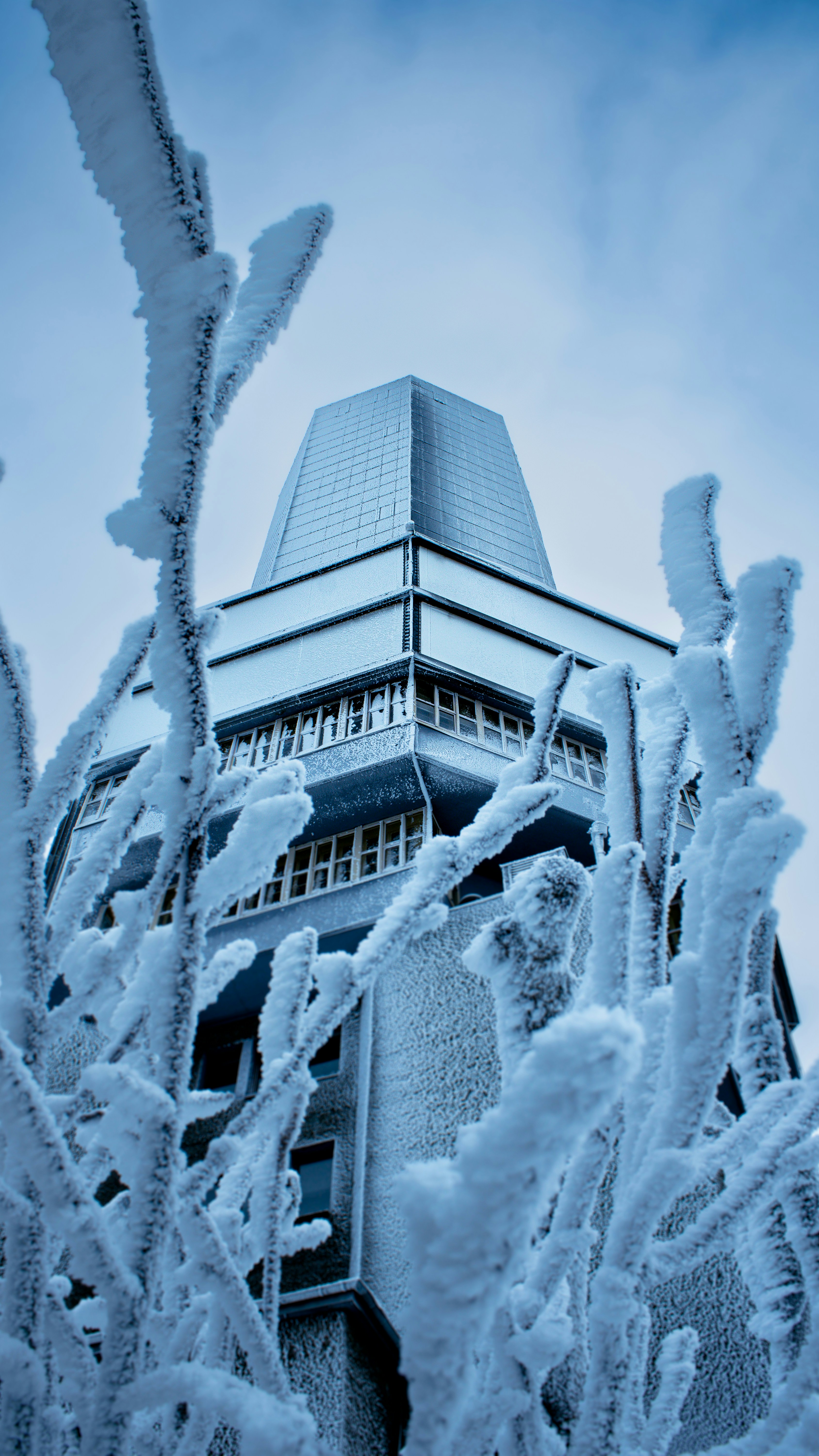 Icy Spike Tower: Frost-coated Urban Geometry