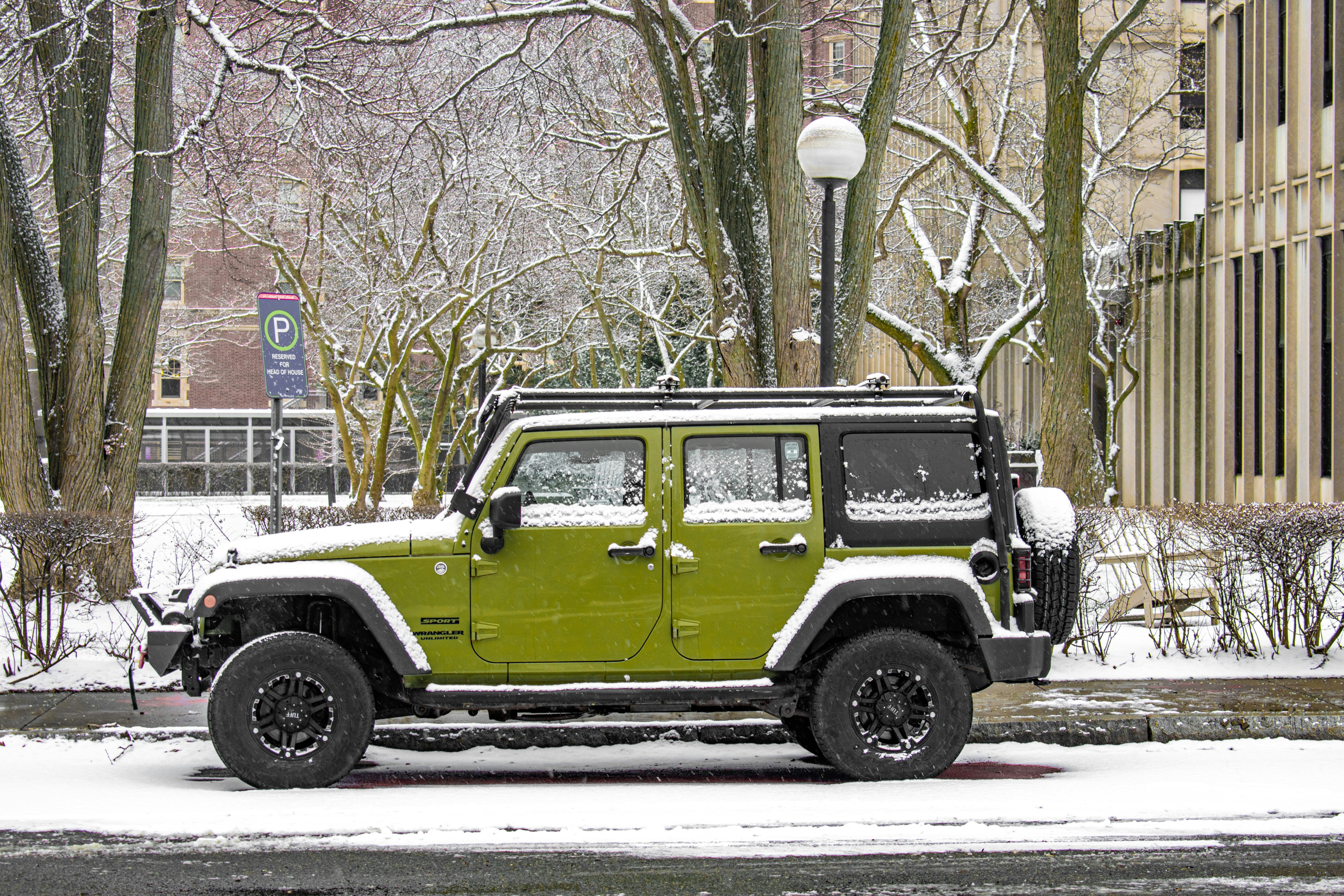 Snow-Kissed Olive Wrangler Halts by a Quiet City Park Lane