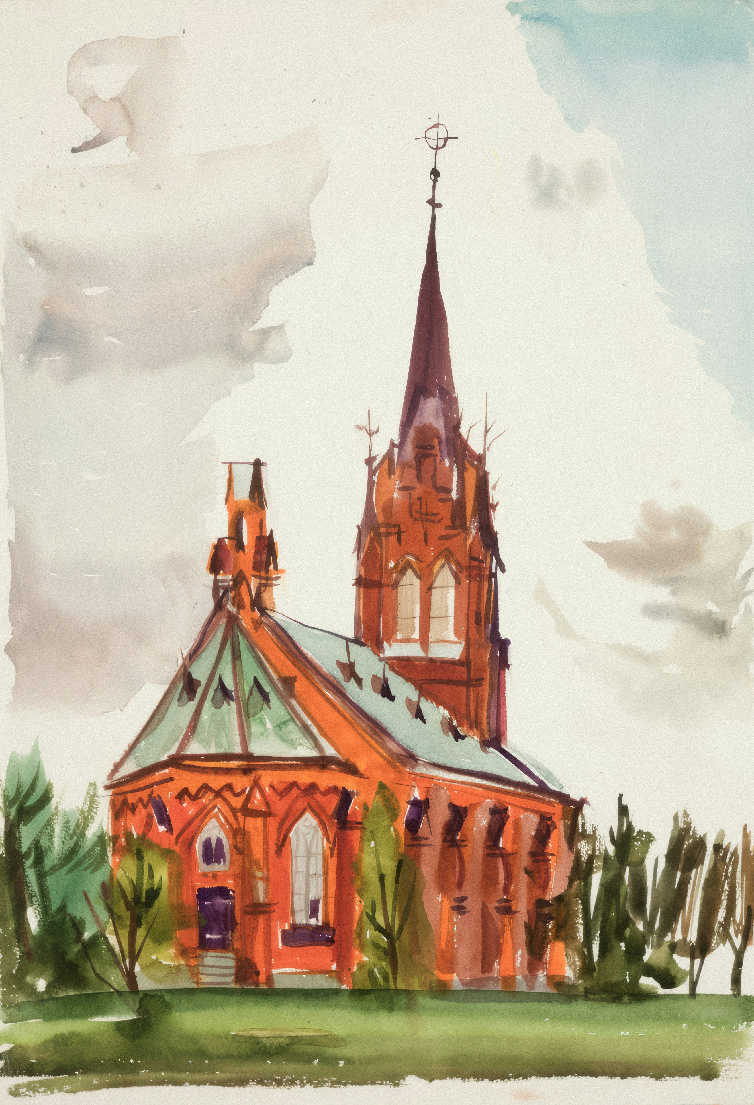 Crimson Spire in a Verdant Crown: A Watercolor Church by the Meadow