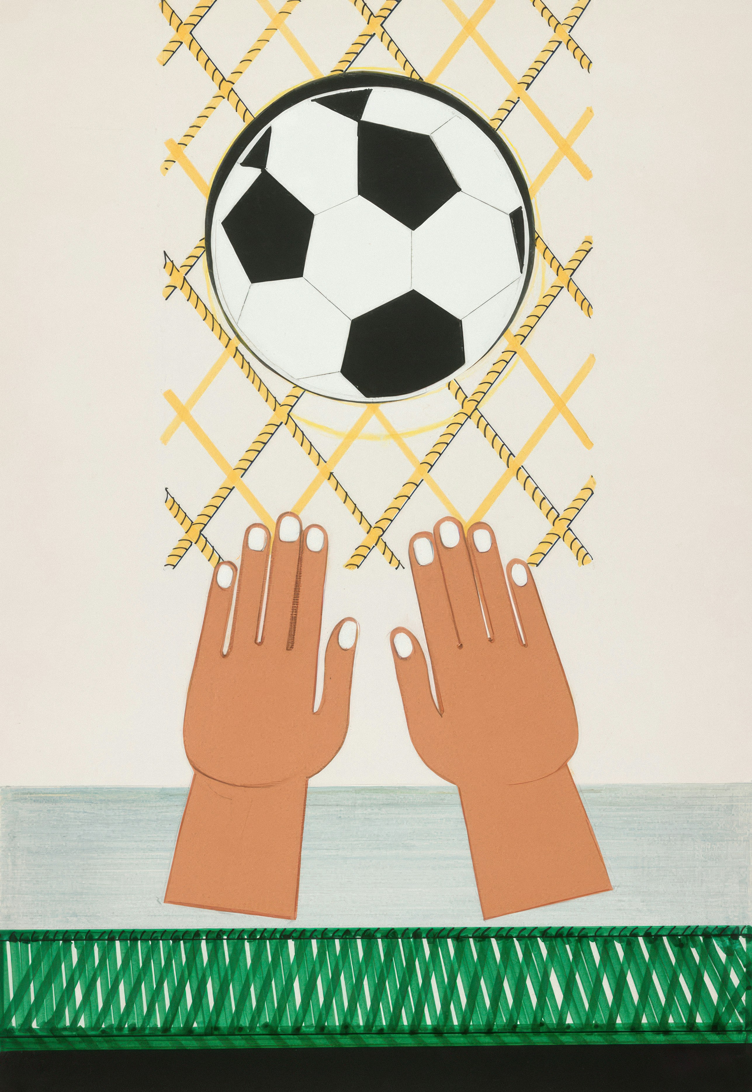 Netted Moment: Ball Hovers Over Ready Hands in a Cartoon Goal Scene