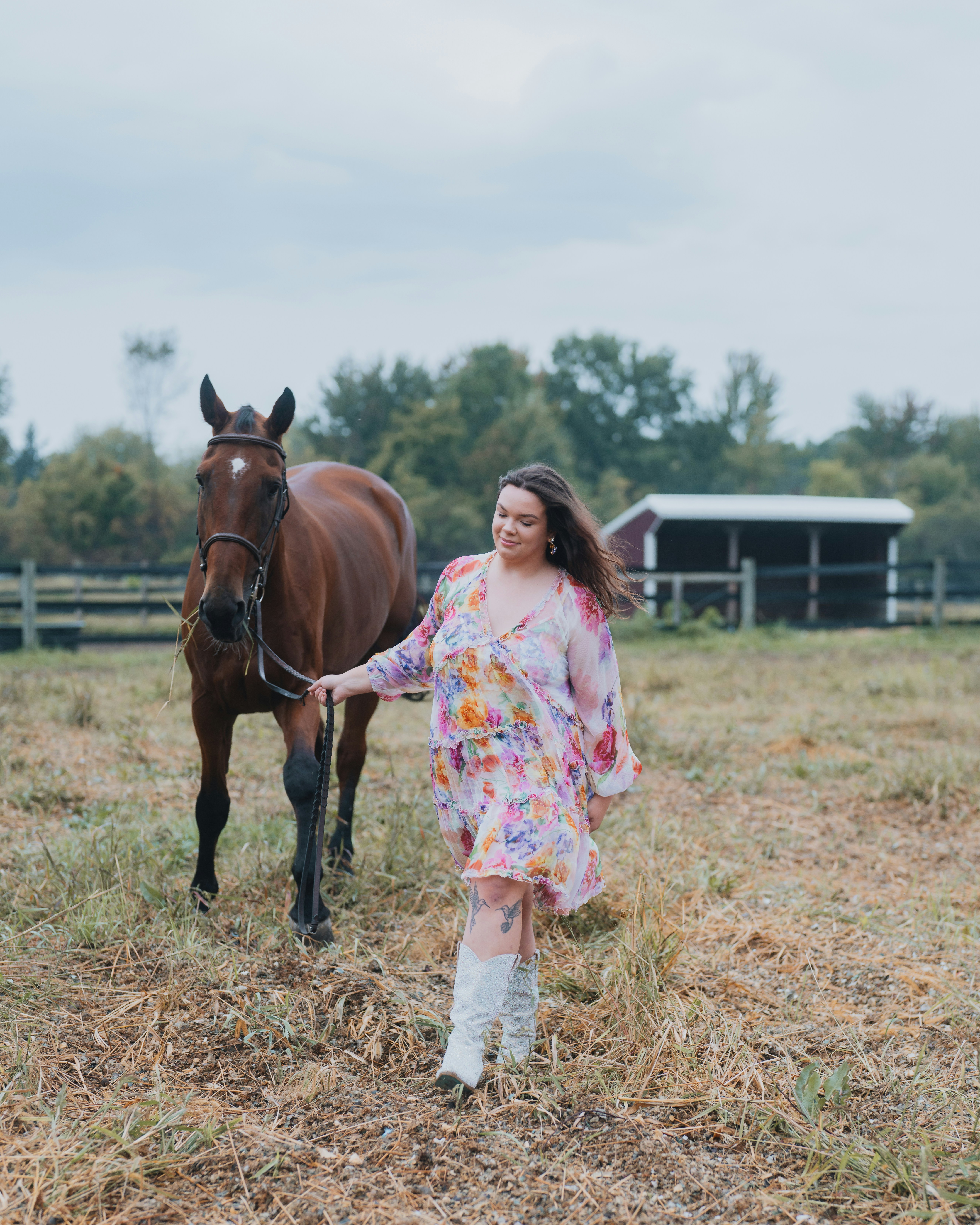 Pastel Dress, Quiet Bond: A Woman and Her Horse in a Sunny Field