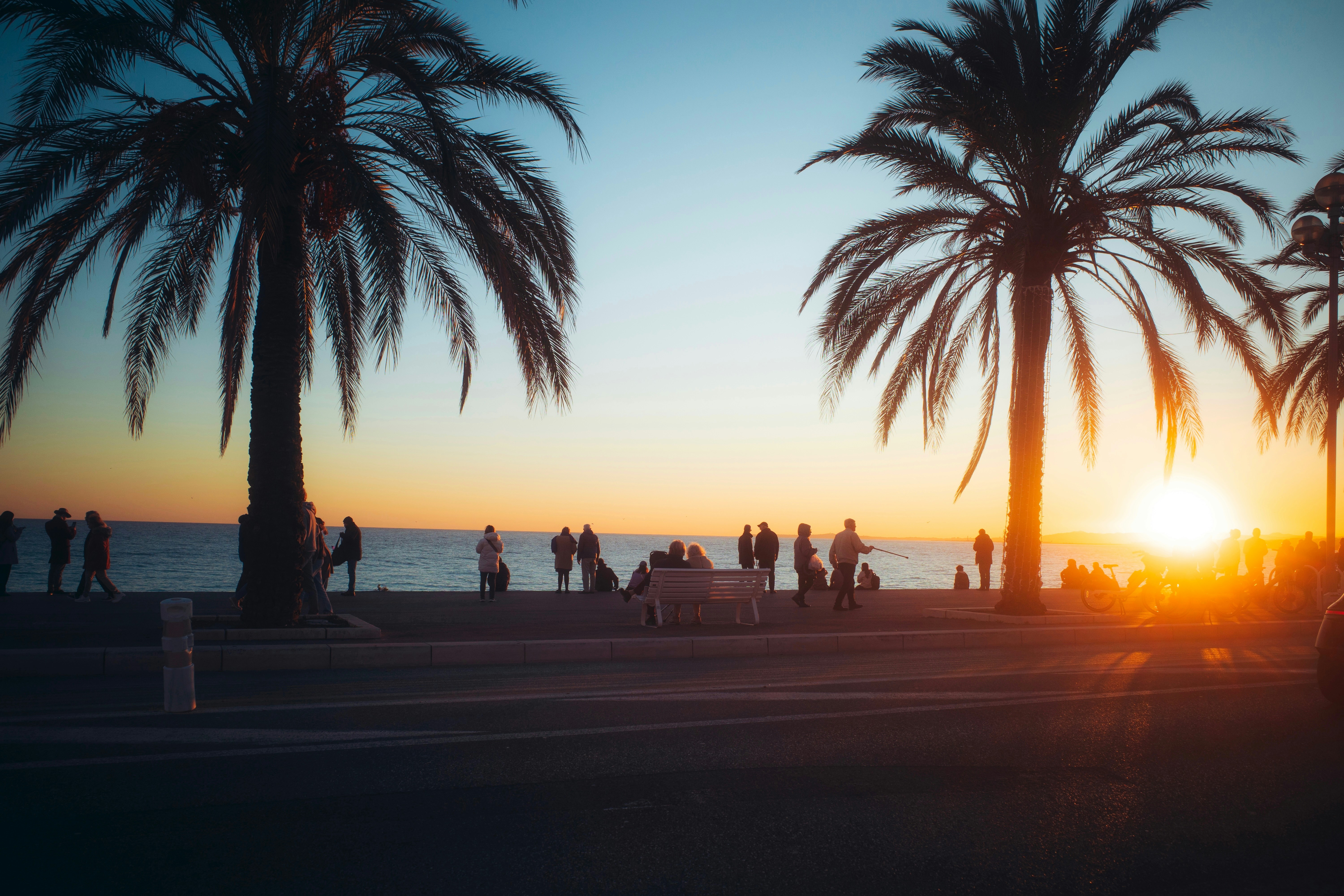 Silhouettes of people enjoying a sunset stroll along the palm-lined promenade, with the sun dipping below the horizon. 